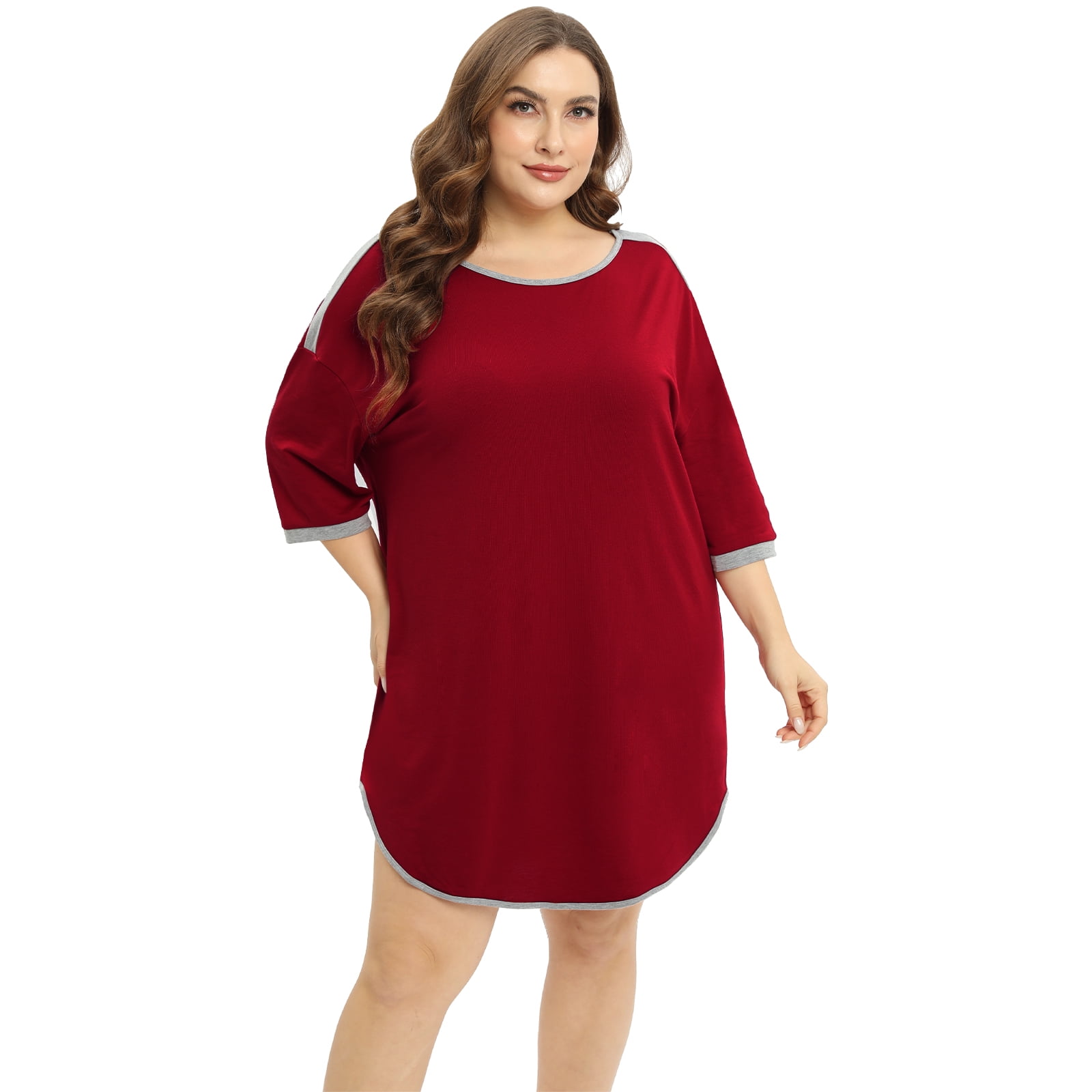 WBQ Women's Nightshirt Elbow Sleeve Nightgown Sleepwear Round Neck Plus ...