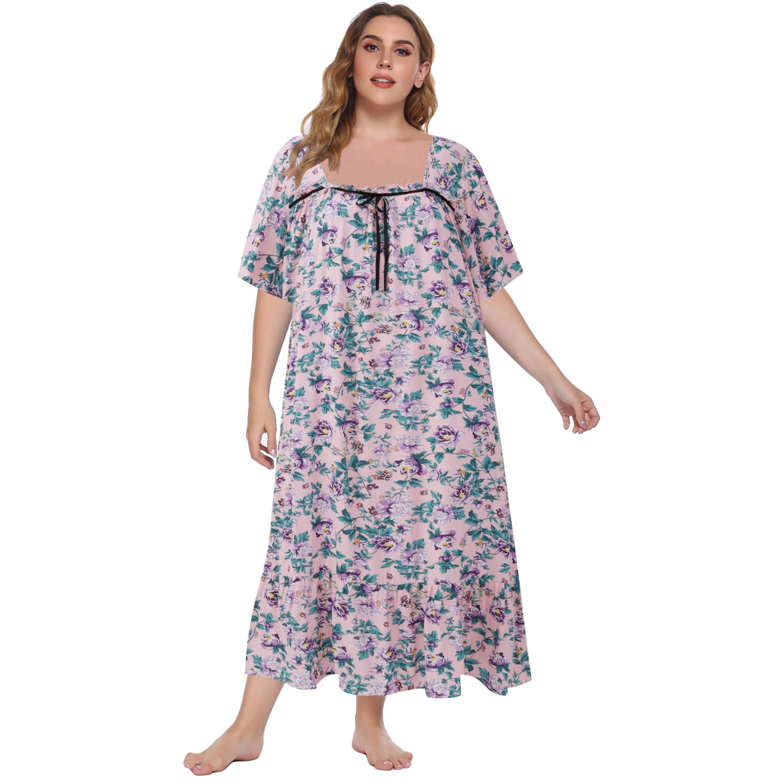 WBQ Women's Plus Size Long Nightgown Sleepwear Floral Printed House Dress Short Sleeve Square ...