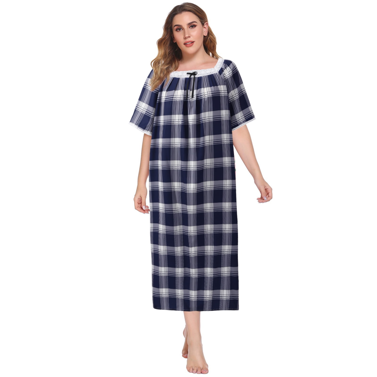 WBQ Women's Plus Size Long Nightgown Sleepwear Short Sleeve House Dress ...