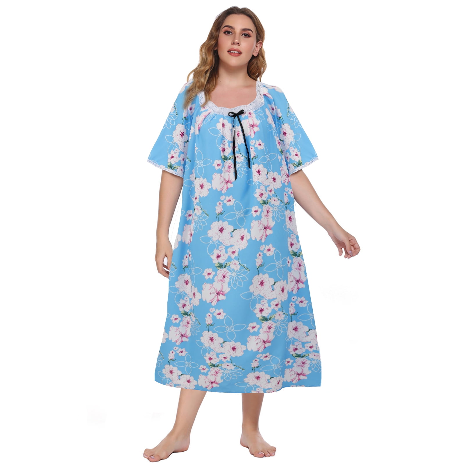 WBQ Plus Size Women's Nightgown, Short Sleeve, Lace Square Neck, Full ...