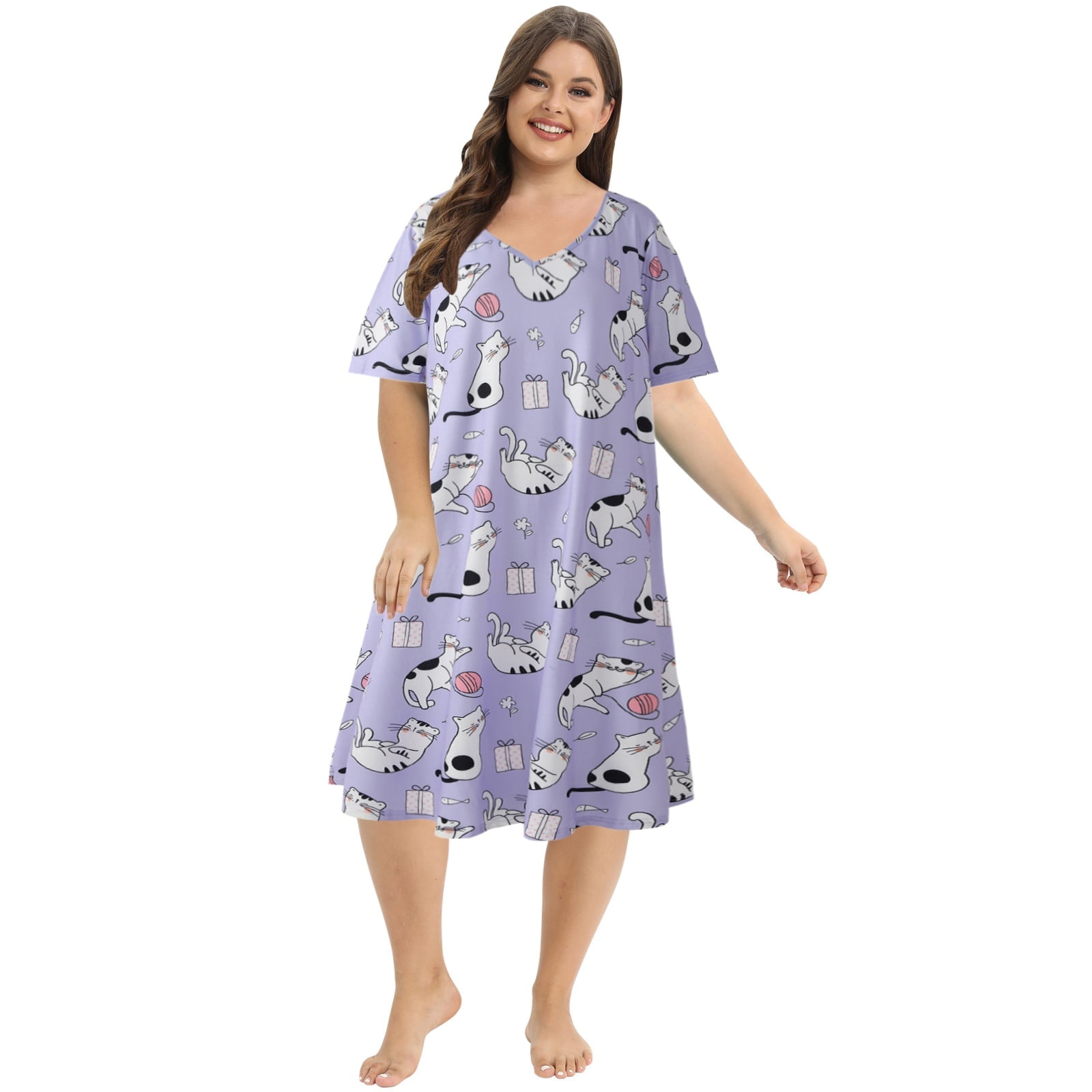 WBQ Women's Plus Size Printed Nightgown Sleepwear Short Sleeve V Neck ...