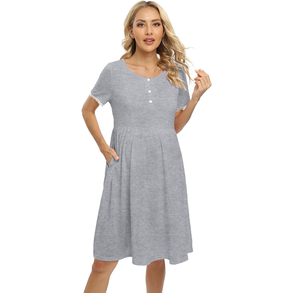 WBQ Women's Short Sleeve Nightgown Sleepwear with Pockets, Maternity ...
