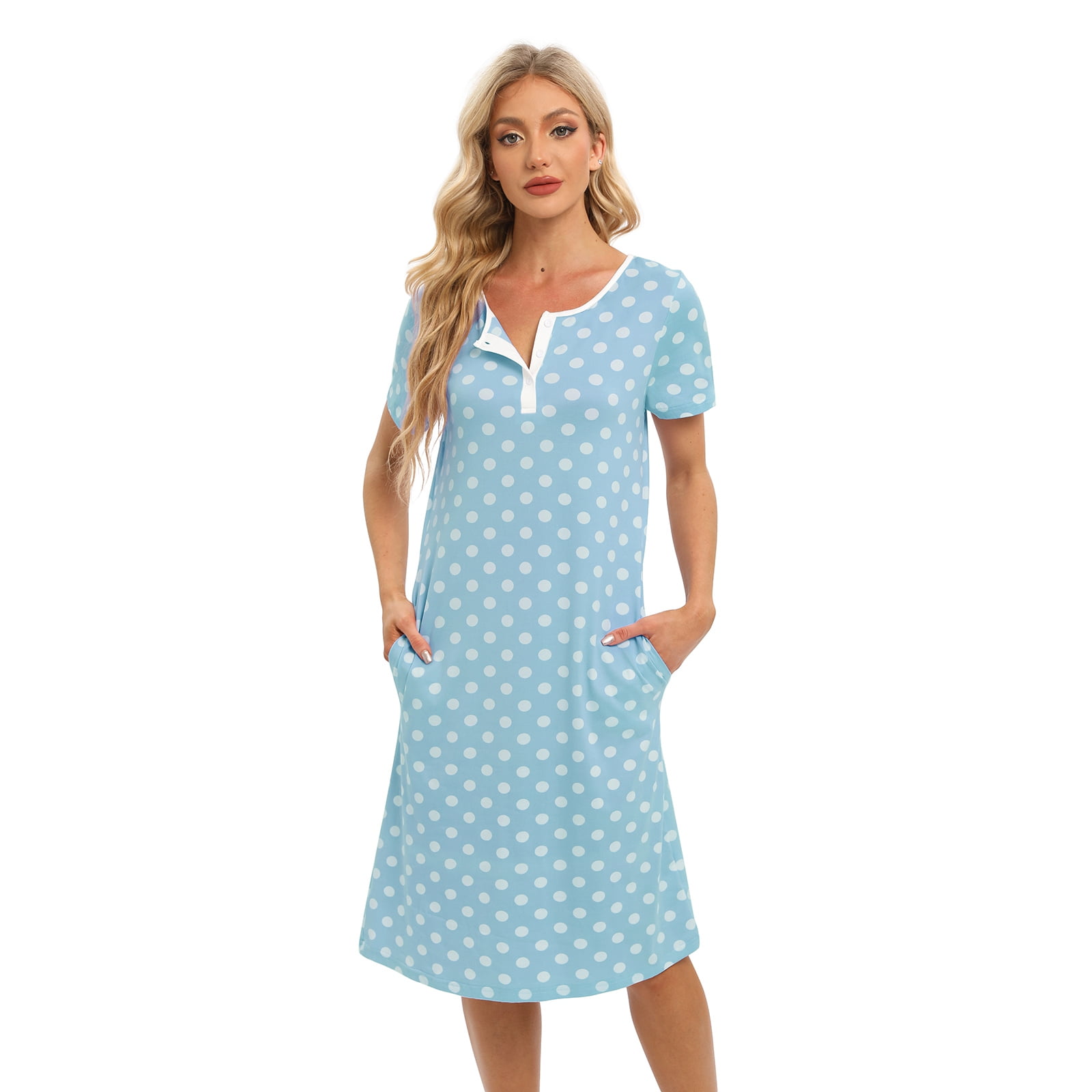 WBQ Women's Short Sleeve Polka Dot Nightgown With Pockets Round Neck ...