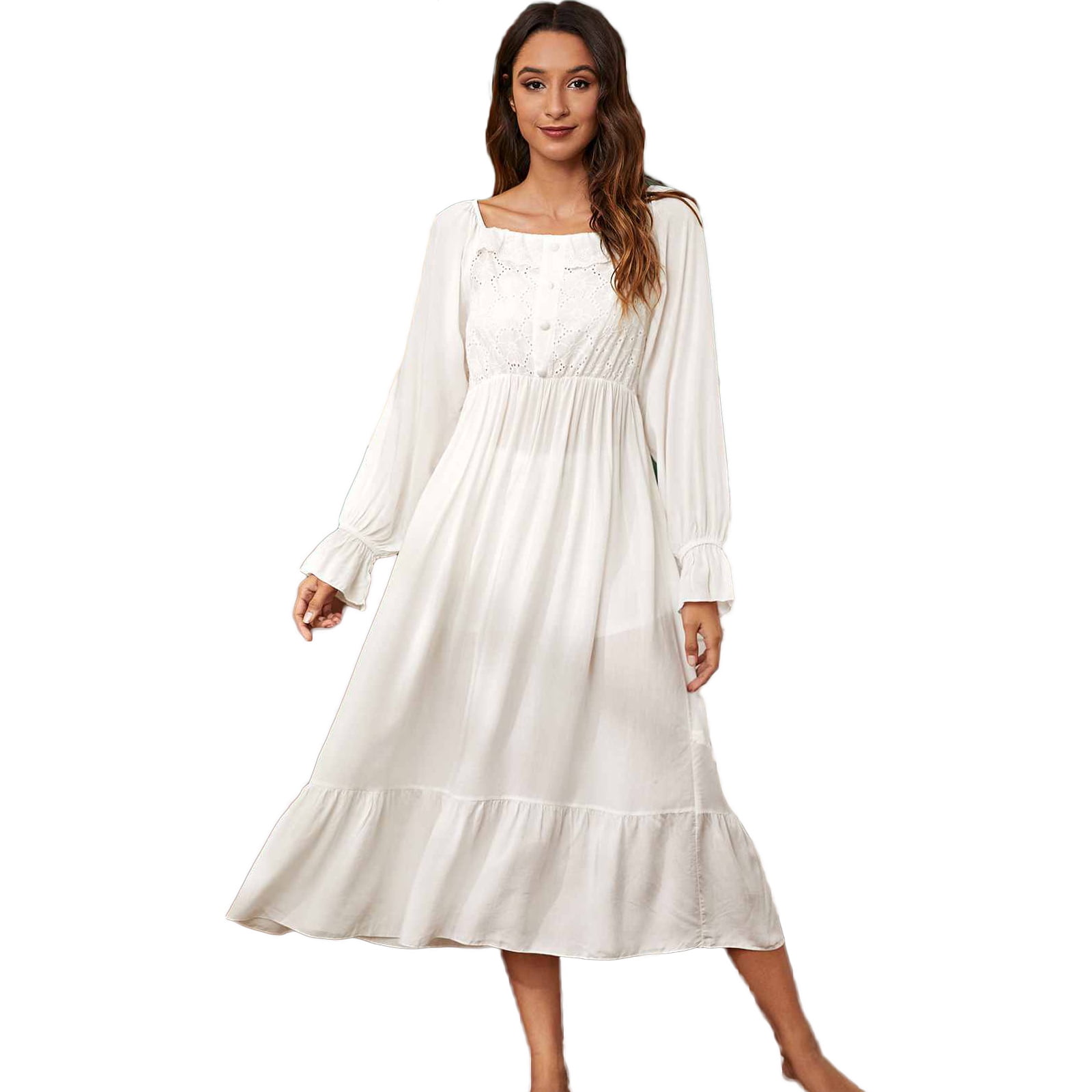 WBQ Women's Victorian Nightgown Long Sleeve Semi-Sheer Sleepwear ...