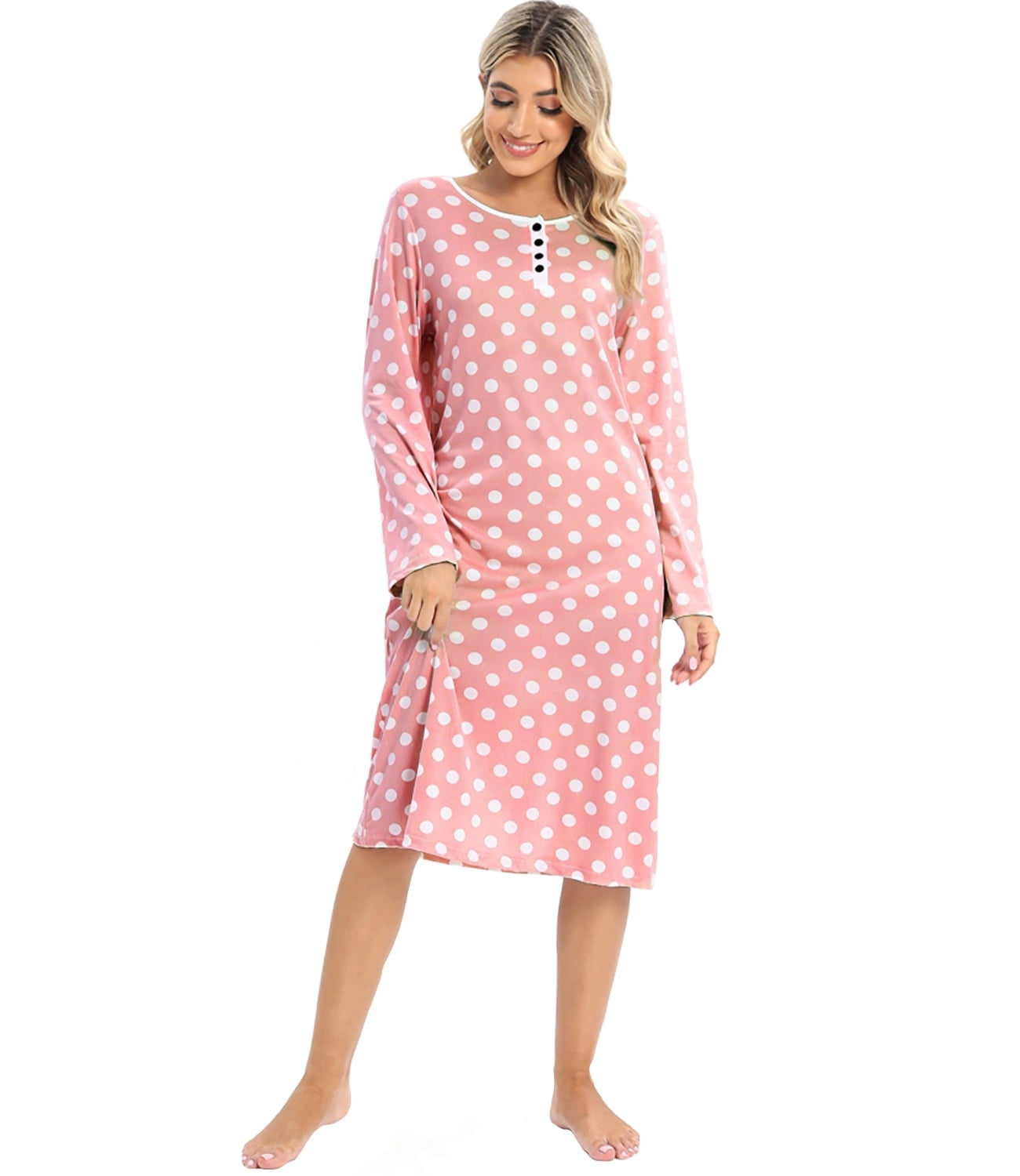 WBQ Women's Long Sleeve Polka Dot Nightgown with Pockets, Loungewear ...