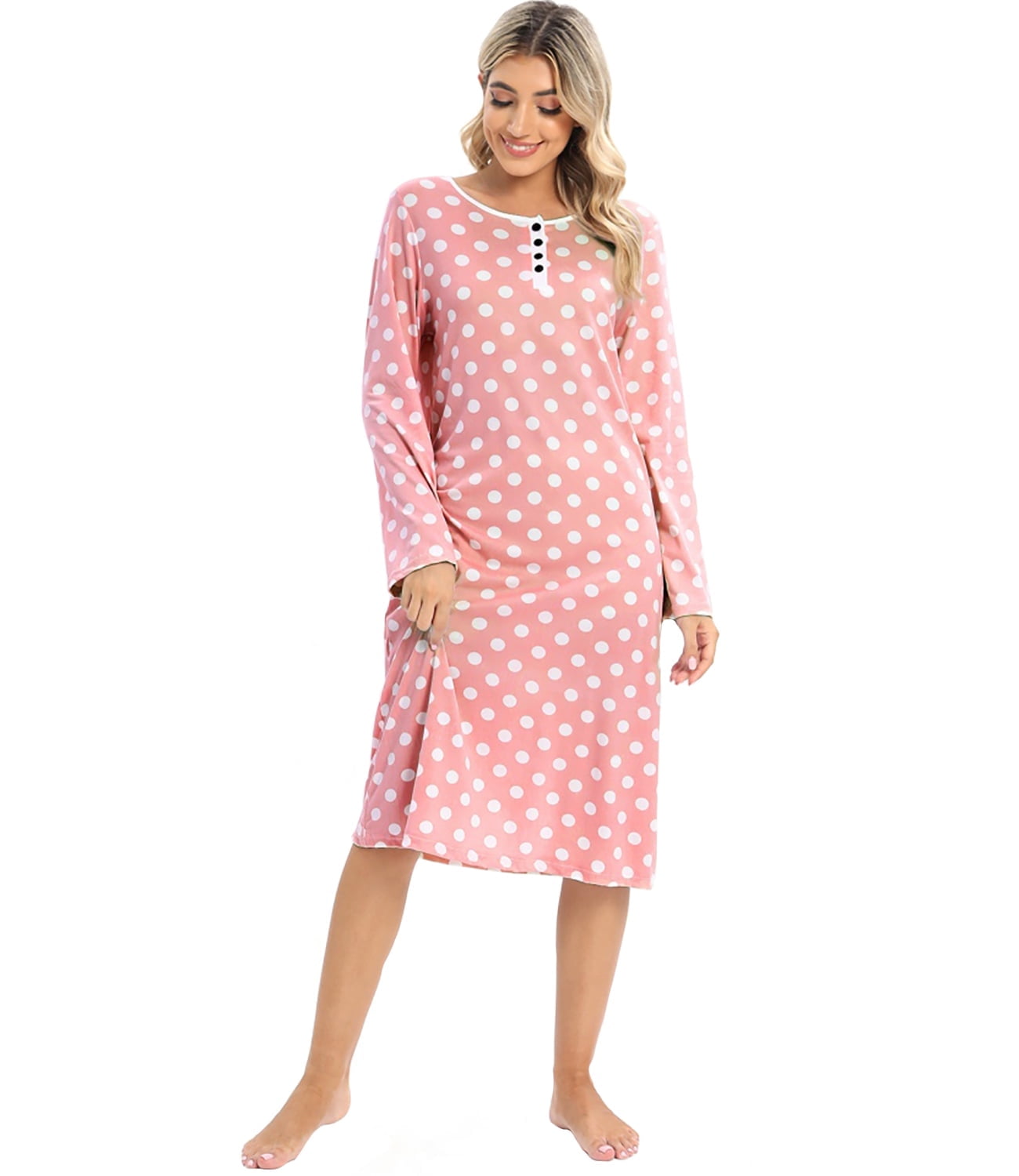 WBQ Womens Nightgown Long Sleeve Polka Dot Sleepshirts Spring Fall ...