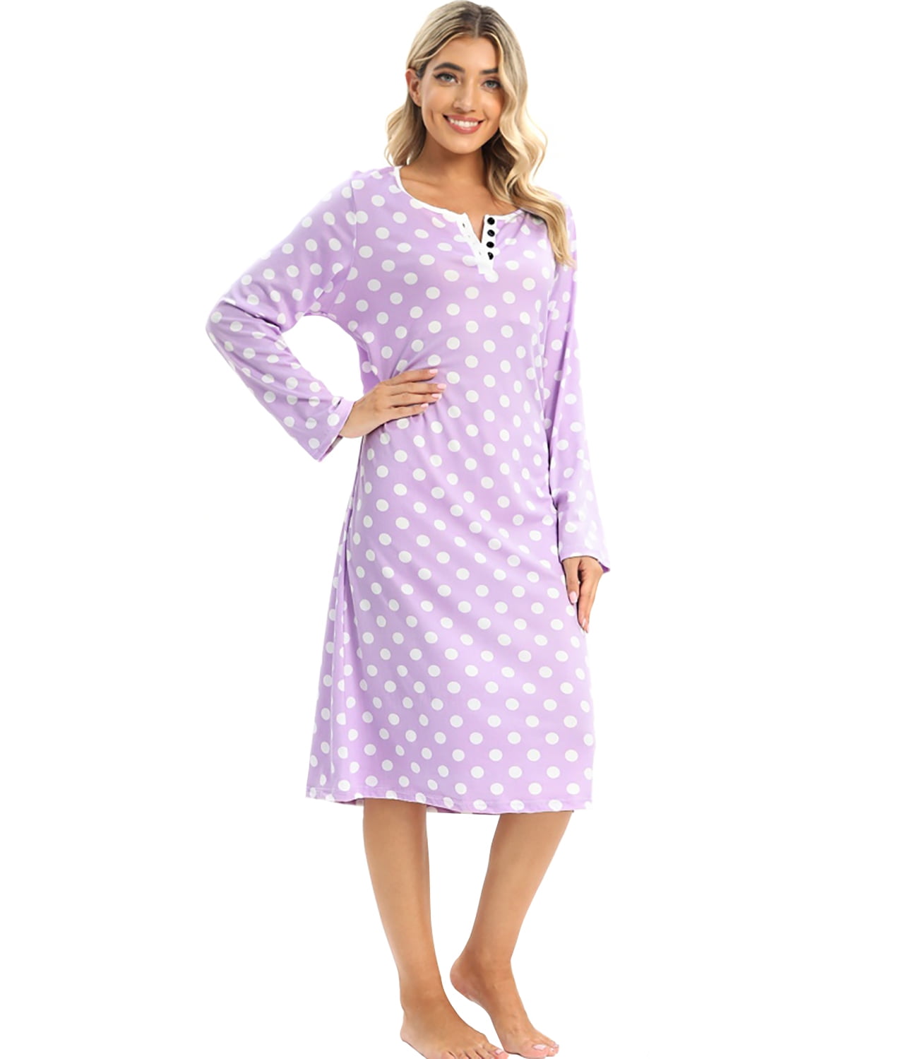 WBQ Womens Long Sleeve Nightgown, Polka Dot, Spring Fall Sleepwear ...