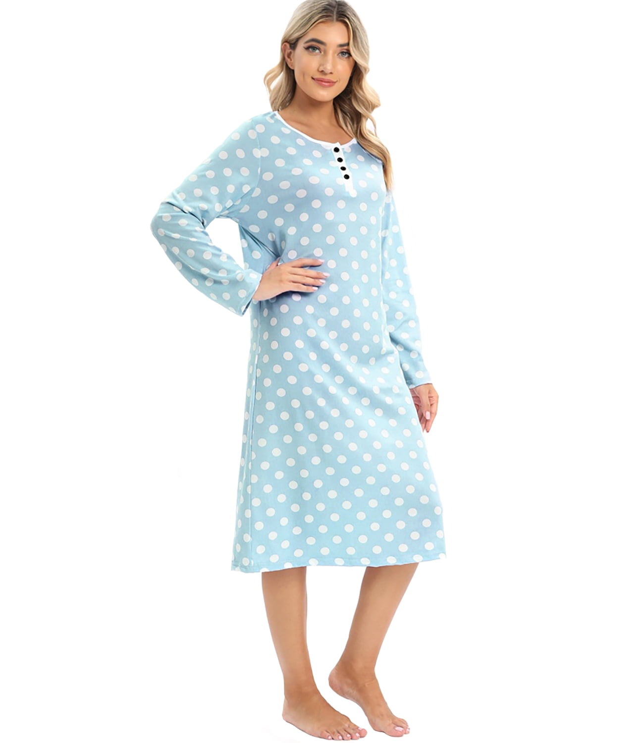 WBQ Womens Nightgown Long Sleeve Polka Dot Sleepshirts Spring Fall ...