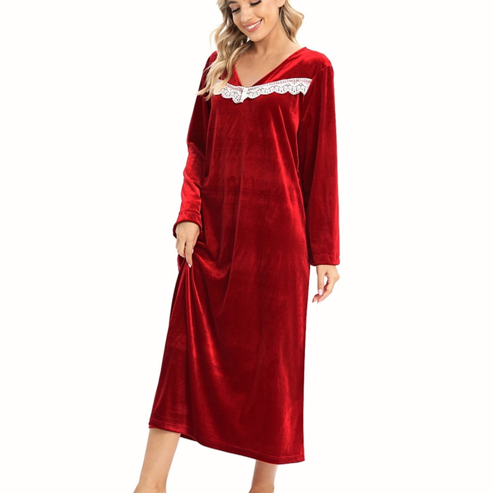 WBQ Plus Size Womens Warm Velvet Nightgown, Long Sleeve, Calf-Length ...