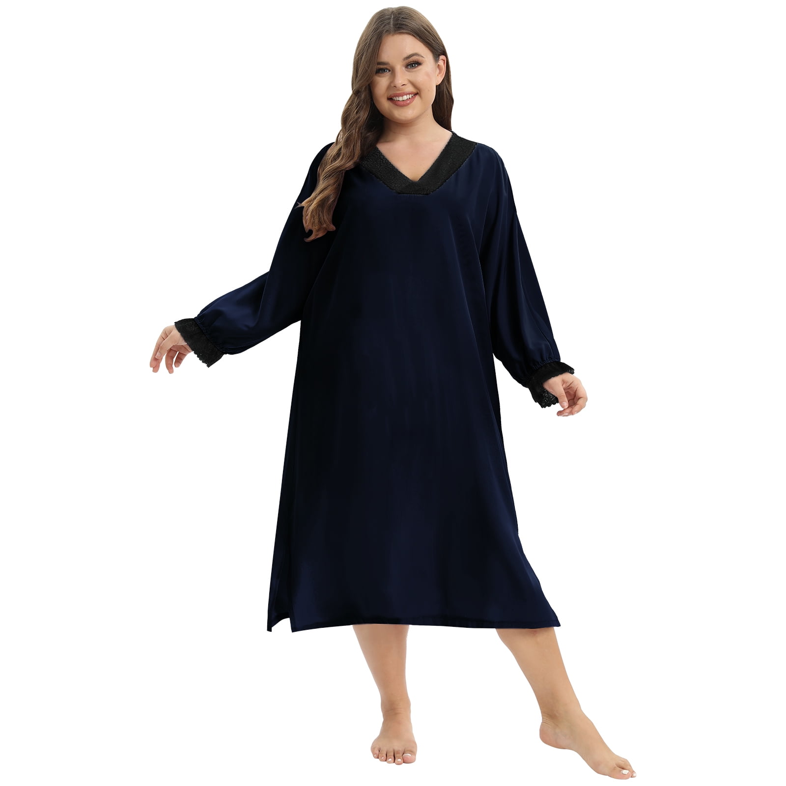 WBQ Womens V Neck Loungewear Lace Long Sleeve Nightgown Oversized ...