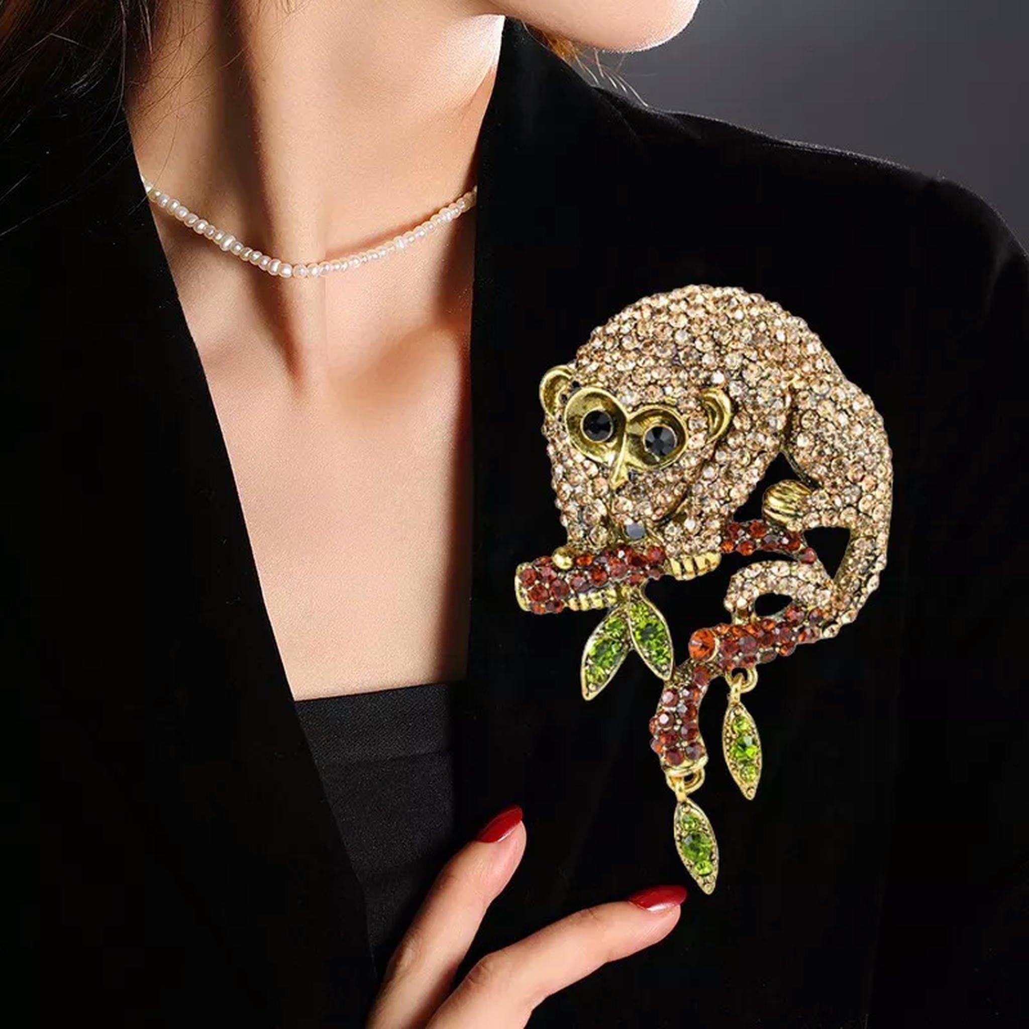 WBQF Animal Monkey Brown Rhinestone Crystal Gold-tone Brooch Pin ...