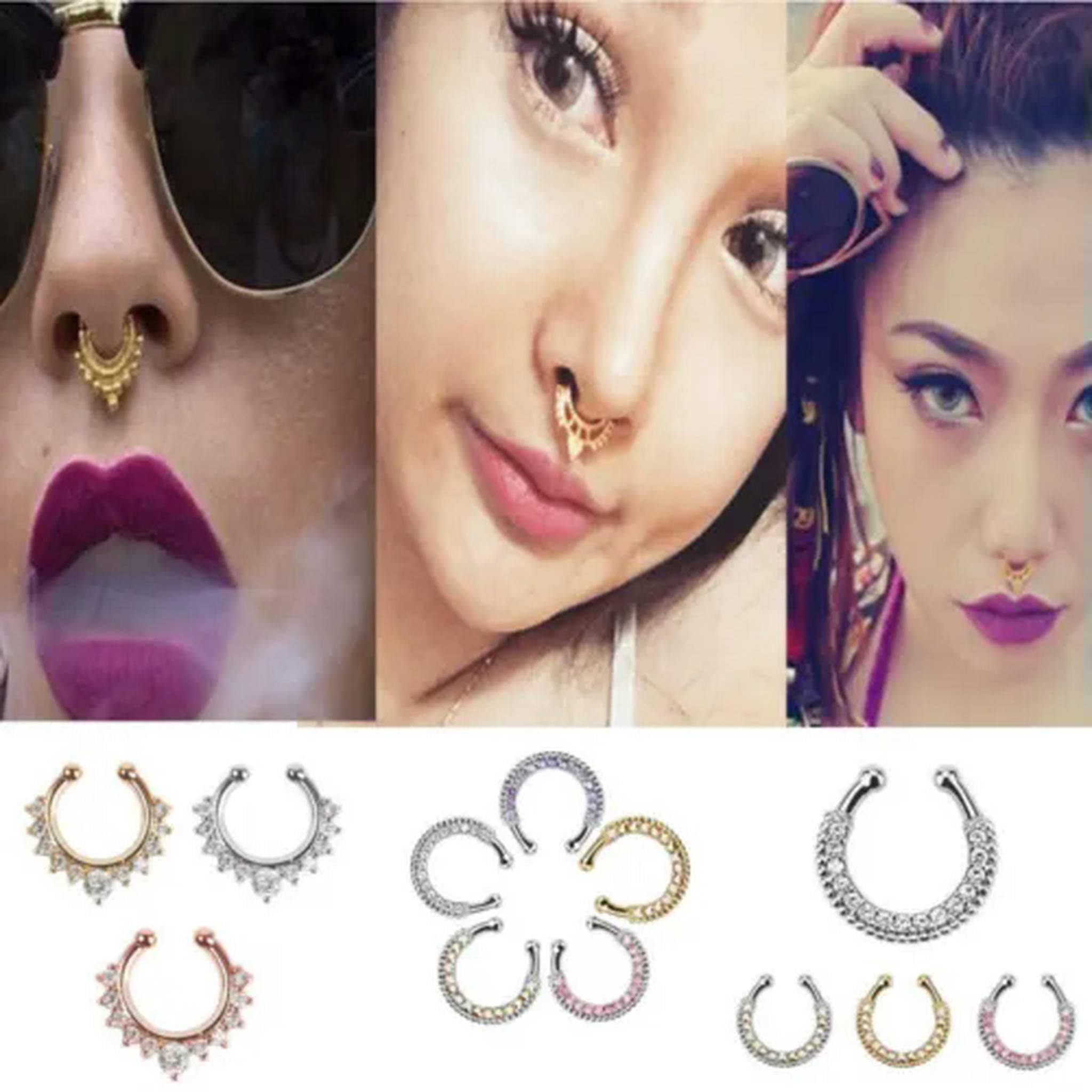 WBQF Fashion 1X Fake Clip On Non Piercing Crystal Septum Nose Ring Faux ...