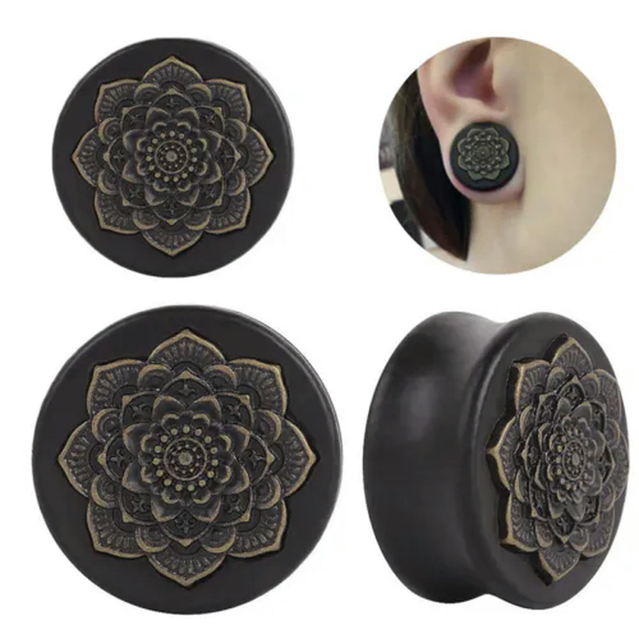 WBQF Flower Wood Ear Plugs Flesh Tunnels Gauges Organic Double Flared ...