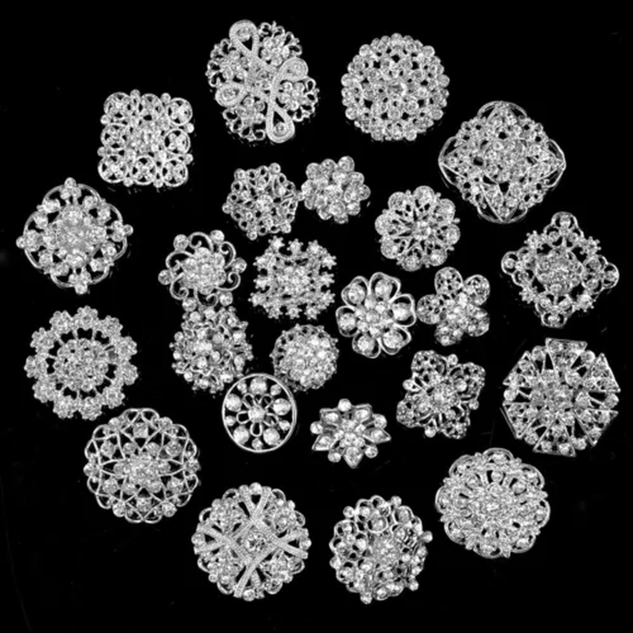 WBQF Lot 24 pc Mixed Alloy Sliver Rhinestone Crystal Brooch DIY Wedding ...