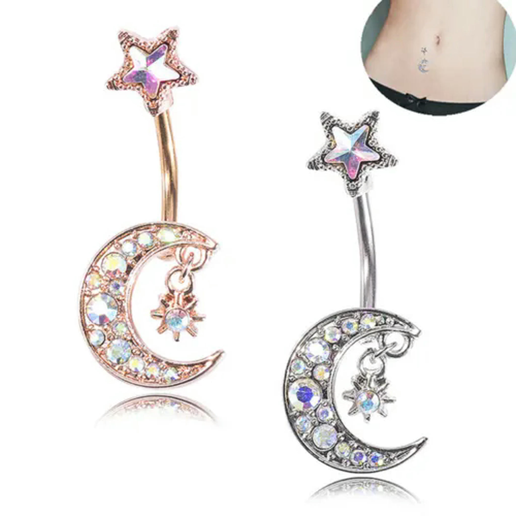 WBQF Navel BeIly Button Rings Bar Crystal Moon Star Dangle Body ...