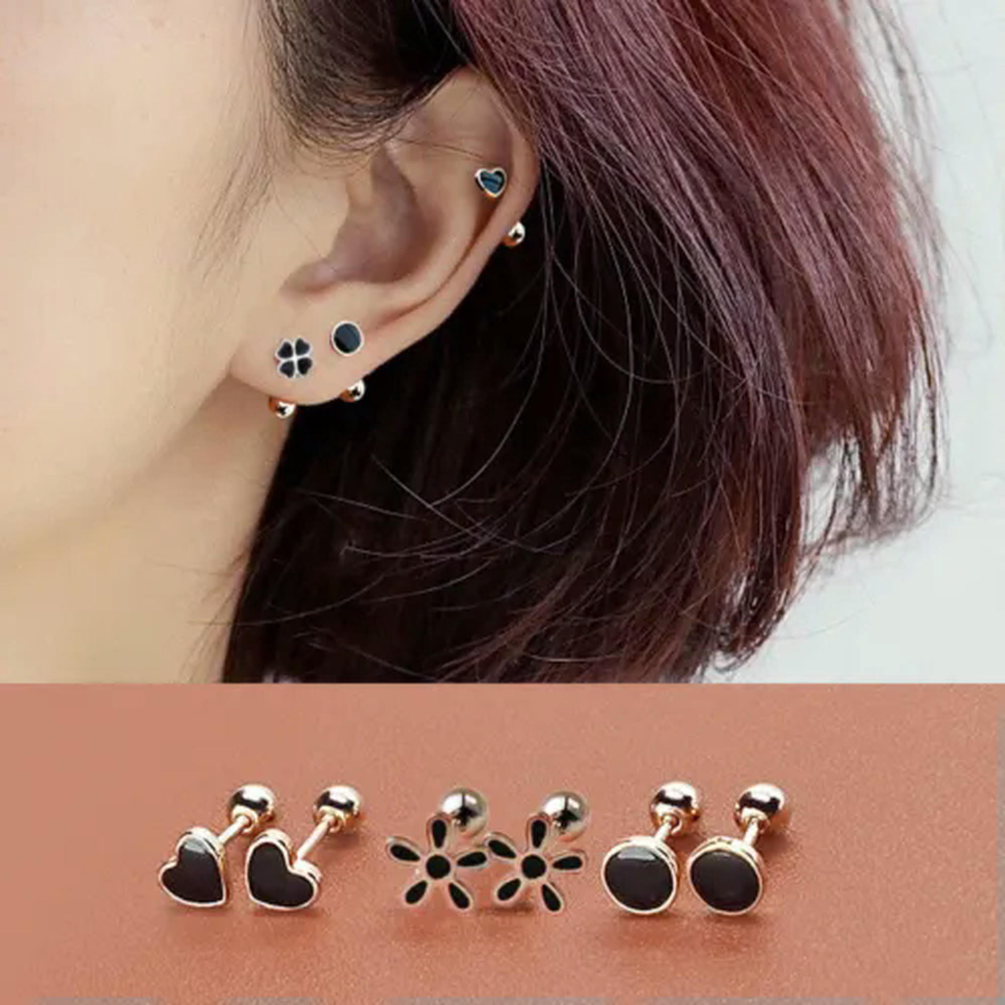 WBQF Silver Black Heart Star Round Small Stud Earrings for Women Ear ...