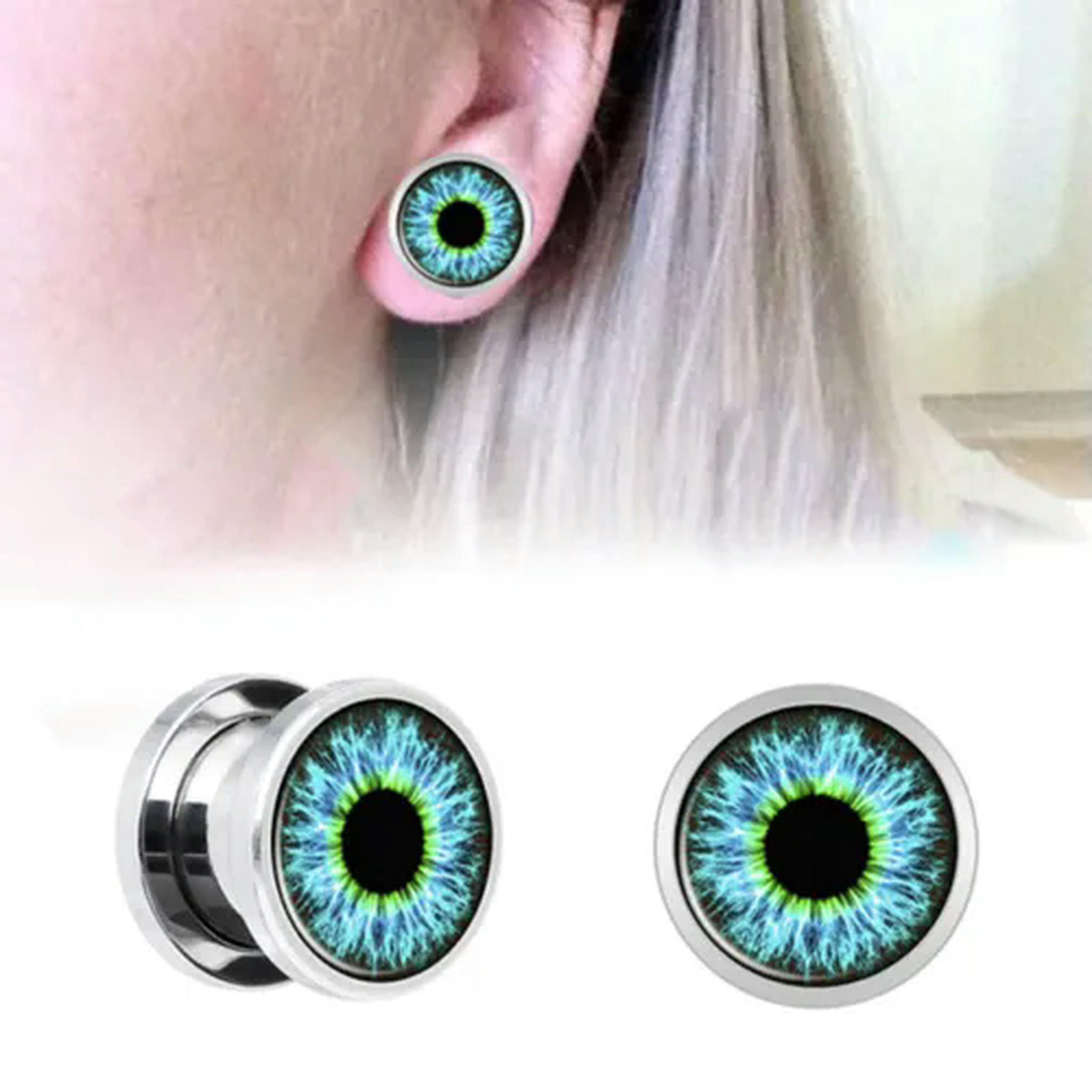 WBQF Stainless Steel Blue Eyes Ear Plug Tunnel Earring Gauges Expanders ...