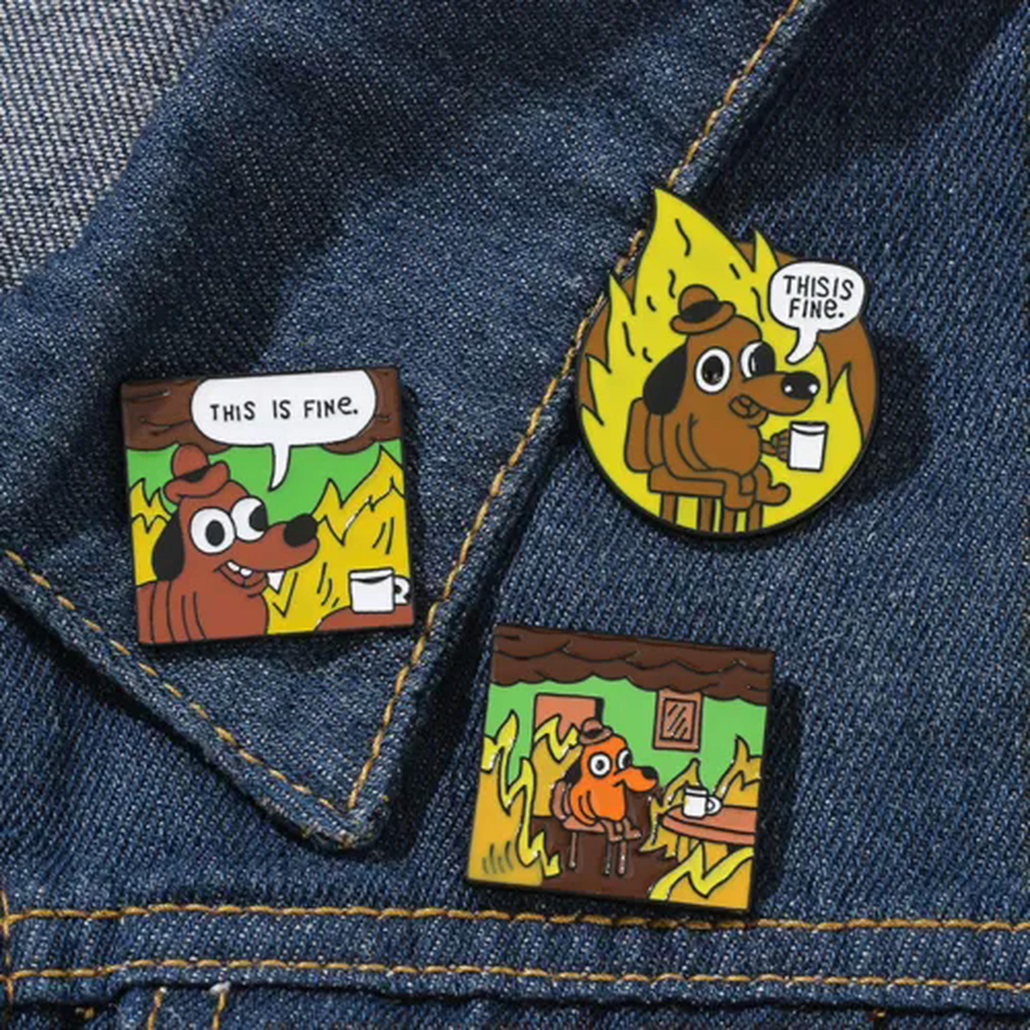WBQF THIS IS FINE Fire Enamel Pins Cartoon Dog Brooch Lapel Pin Funny ...