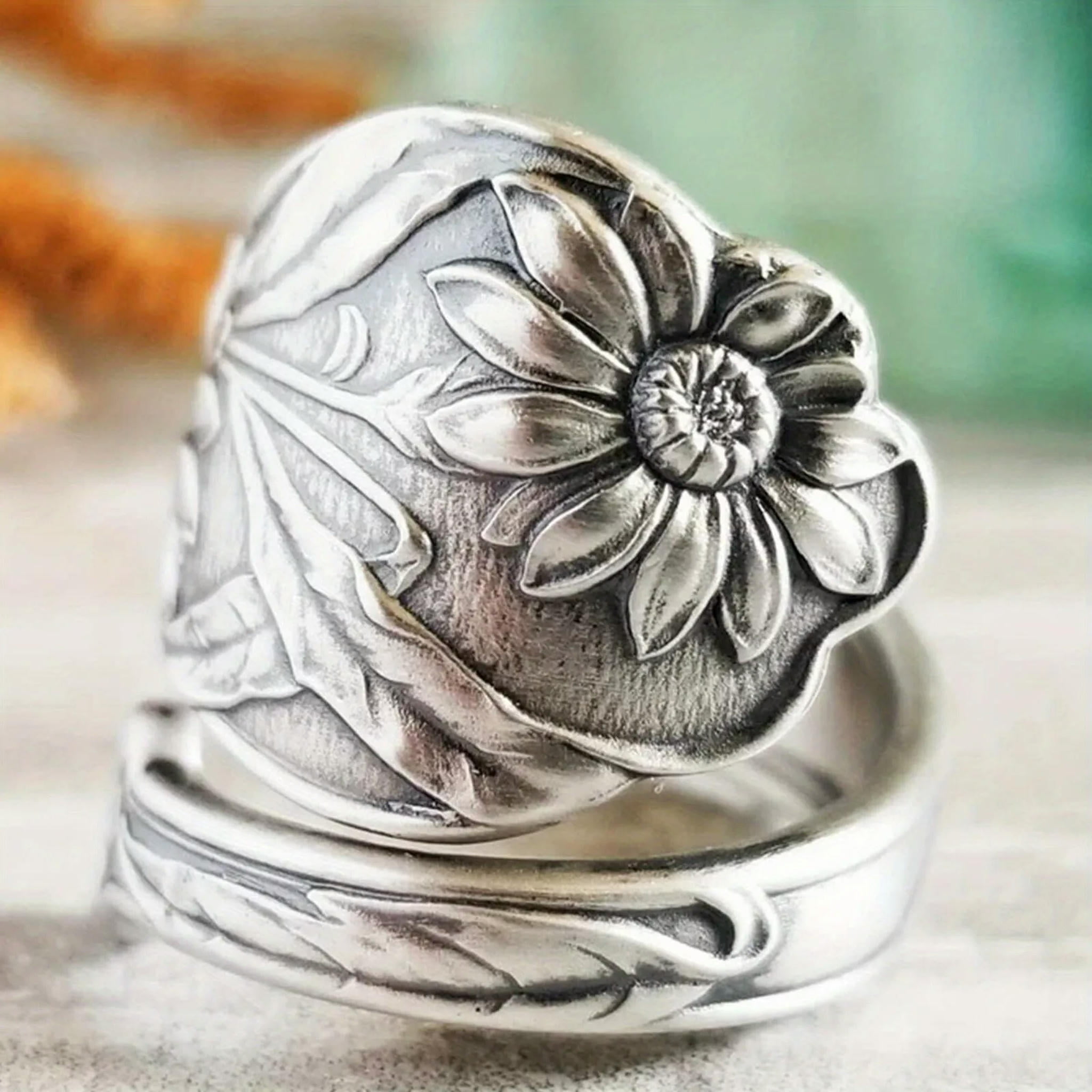 WBQF Vintage 925 Silver Daisy Ring Spoon Ring Carve Flower Open Ring Wedding Jewelry-default ...