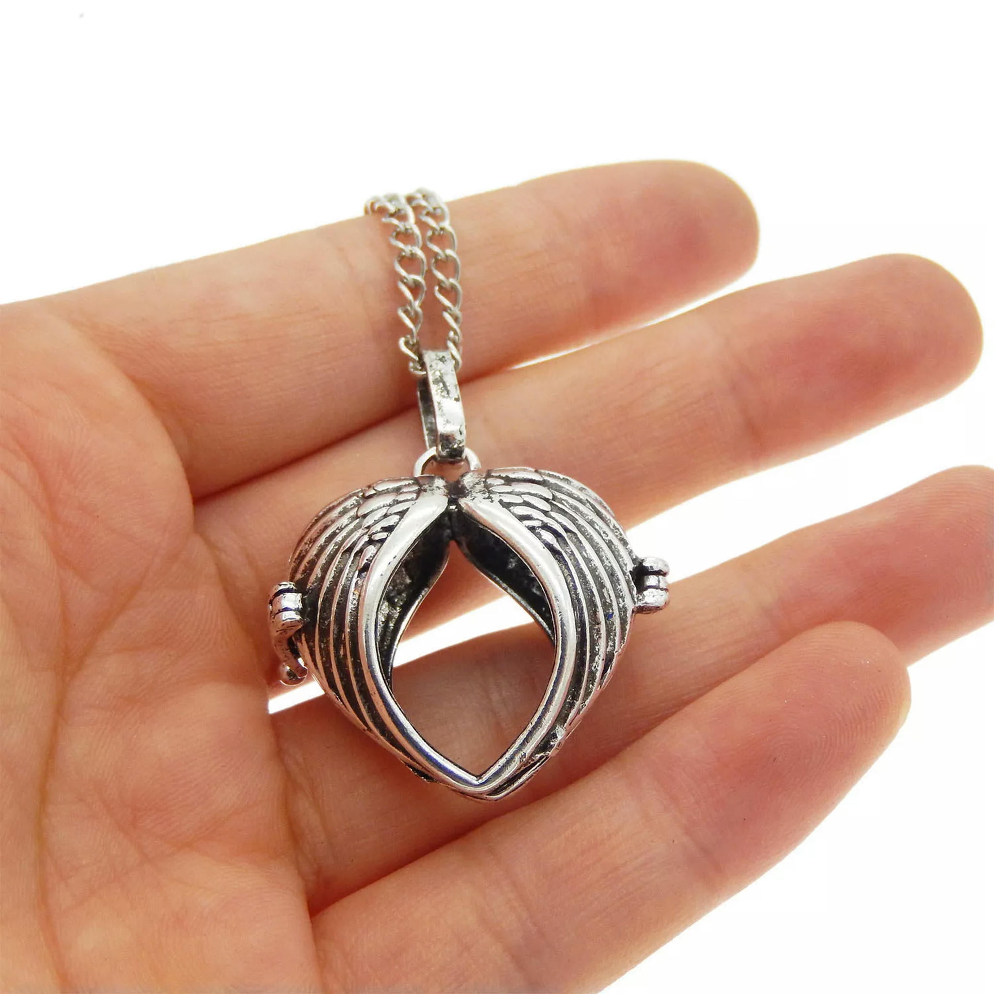 WBQF Vintage Silver Wing Love Heart Pearl Cage Locket Pendant Necklace ...