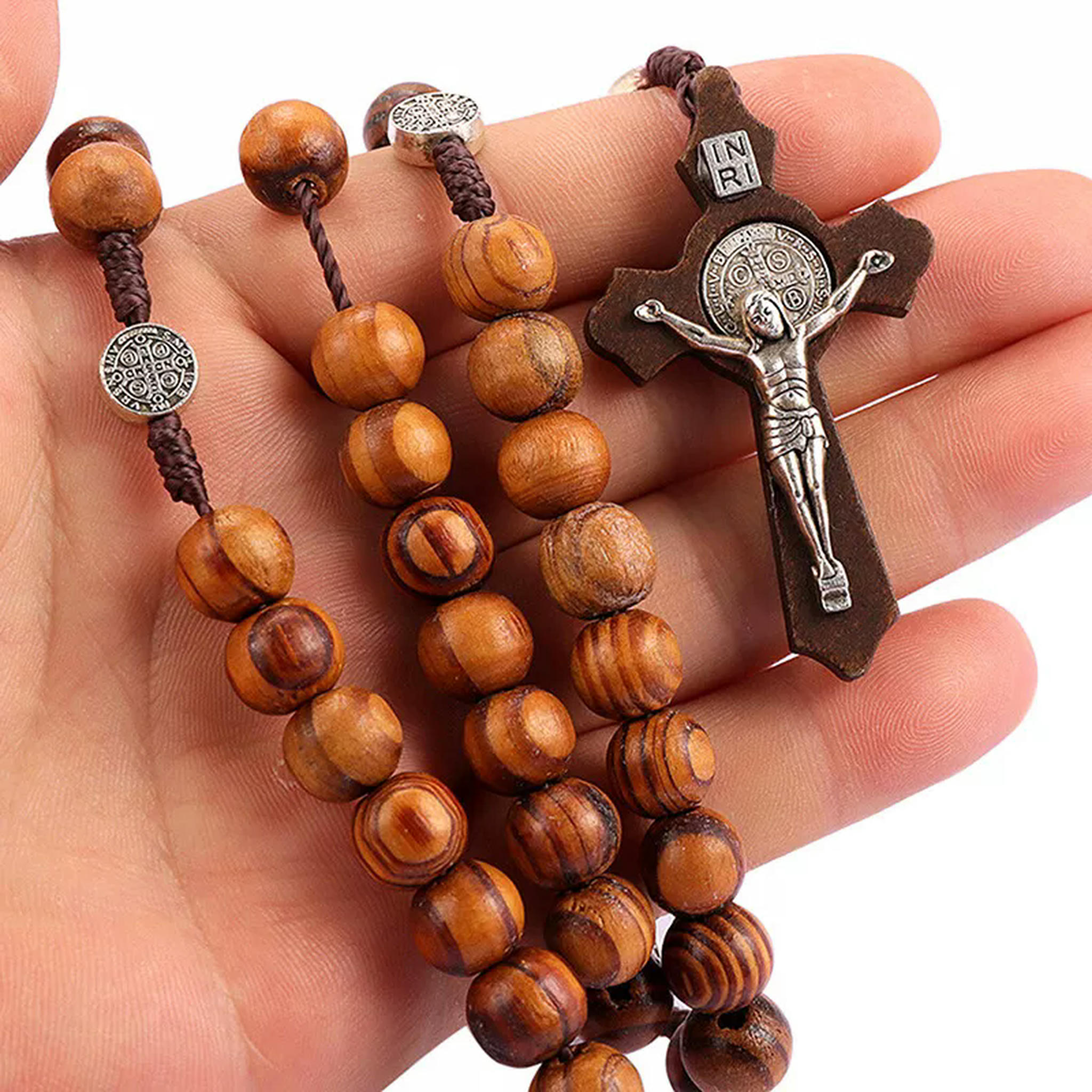 WBQF Wooden Bead Catholic Christ Jesus Crucifix Cross Pendant Necklace ...