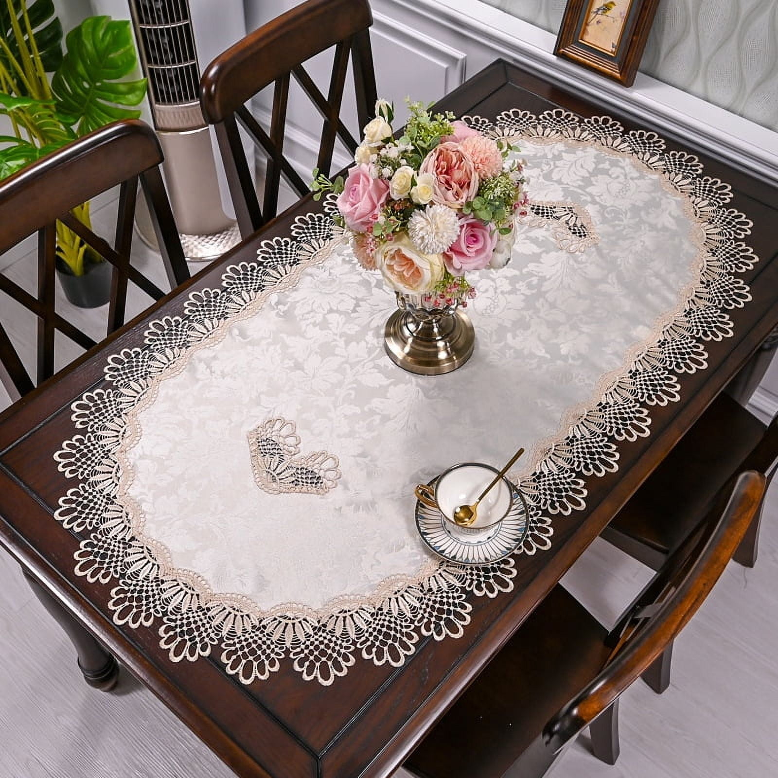WCHAUNG Embroidered Tablecloth Lace Table Runner, Oval Coffee Table ...