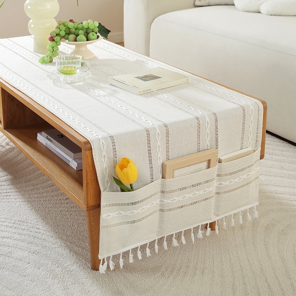 WCHUANG Coffee Table Cloth, Table Cover with Pockets and Tassel, Cotton ...