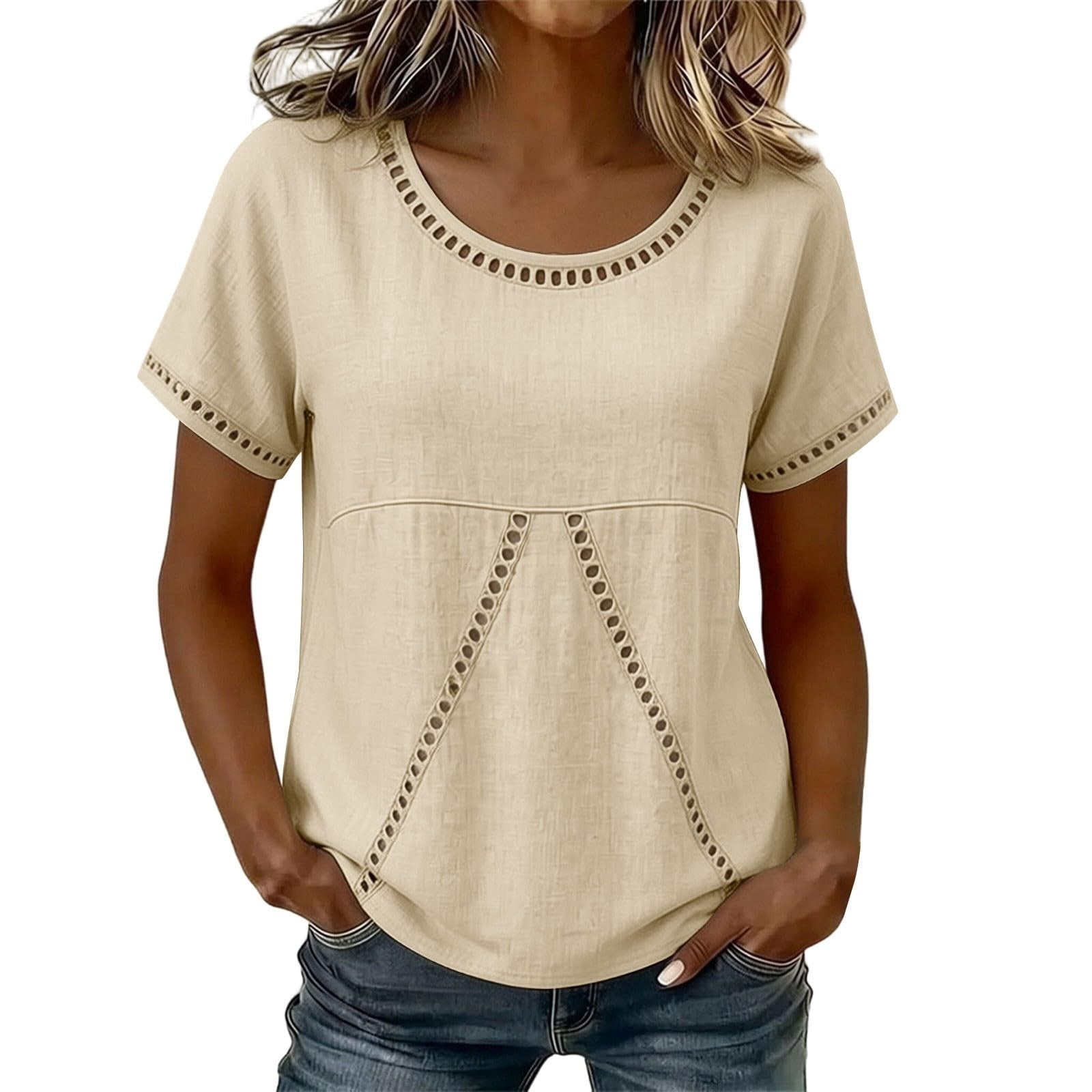 WCJM Casual Linen Top for Women Crew Neck Short Sleeve Button Imprint ...