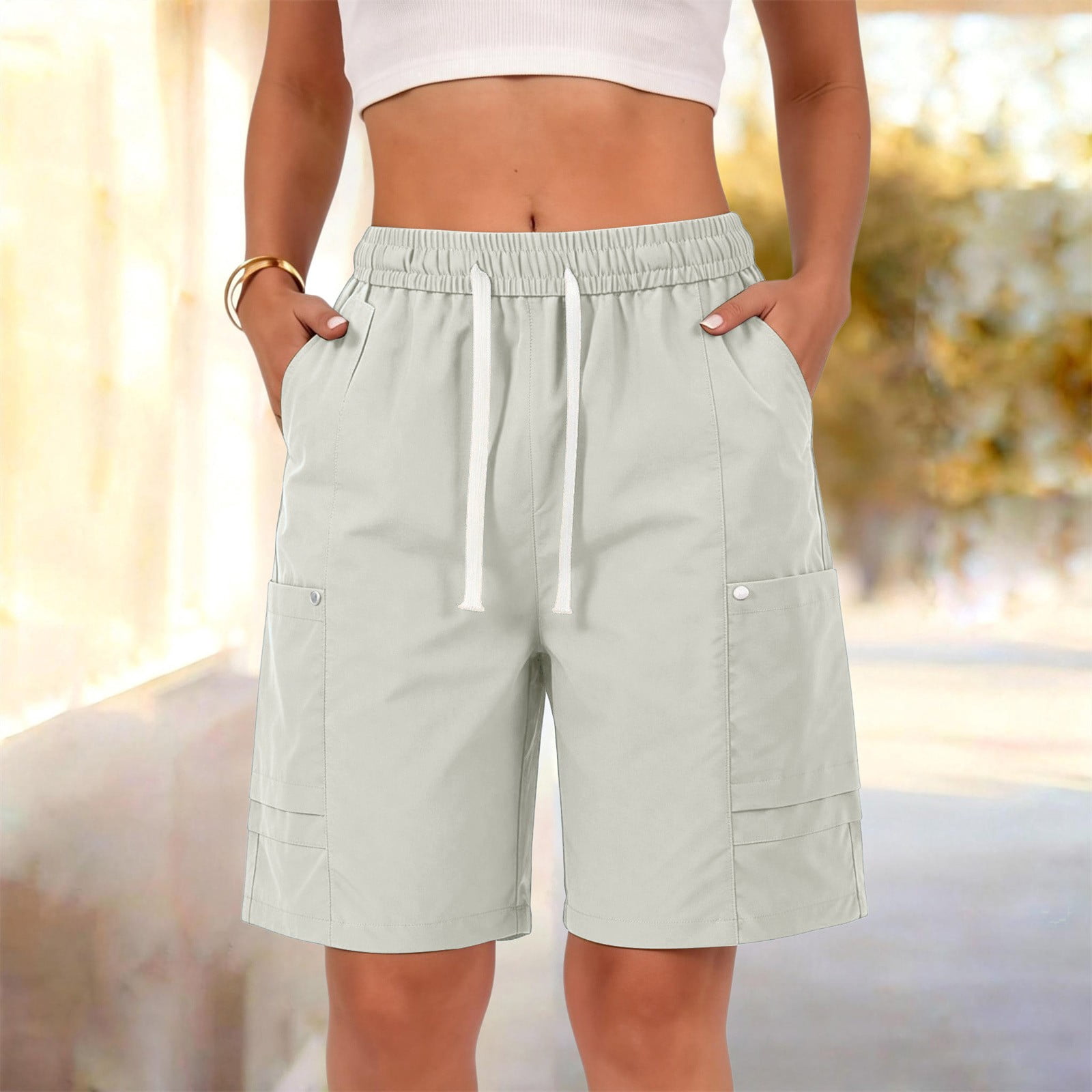 WCJM Casual Pants Women's Casual Cotton Shorts High Waist Elastic ...