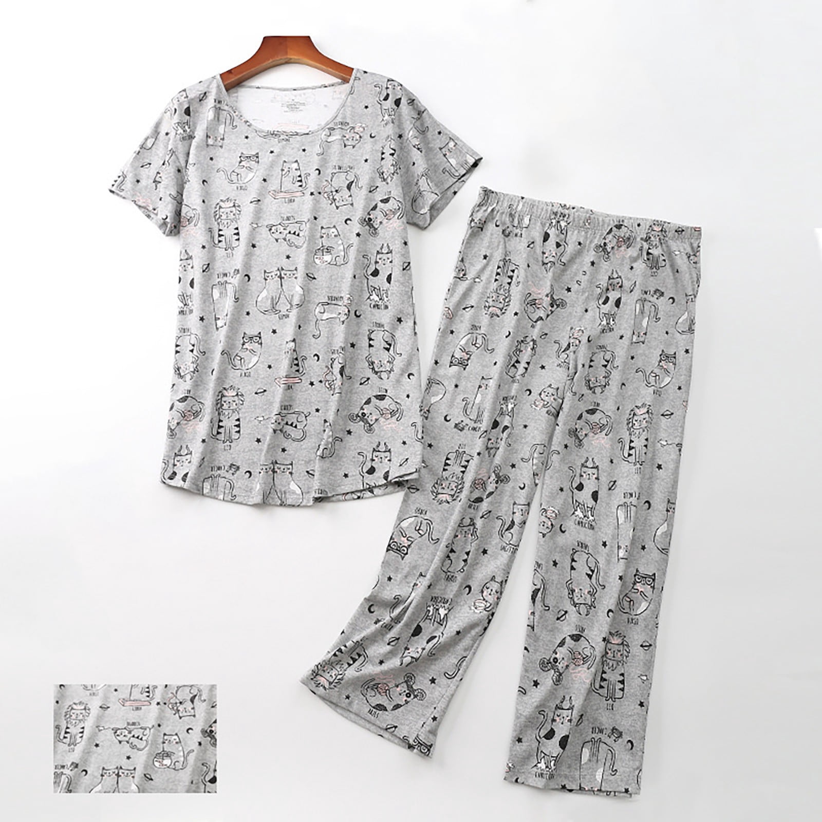 WCJM Gray Women's Cotton Pajama Set Cute 2 Piece Set Comfy Summer V ...