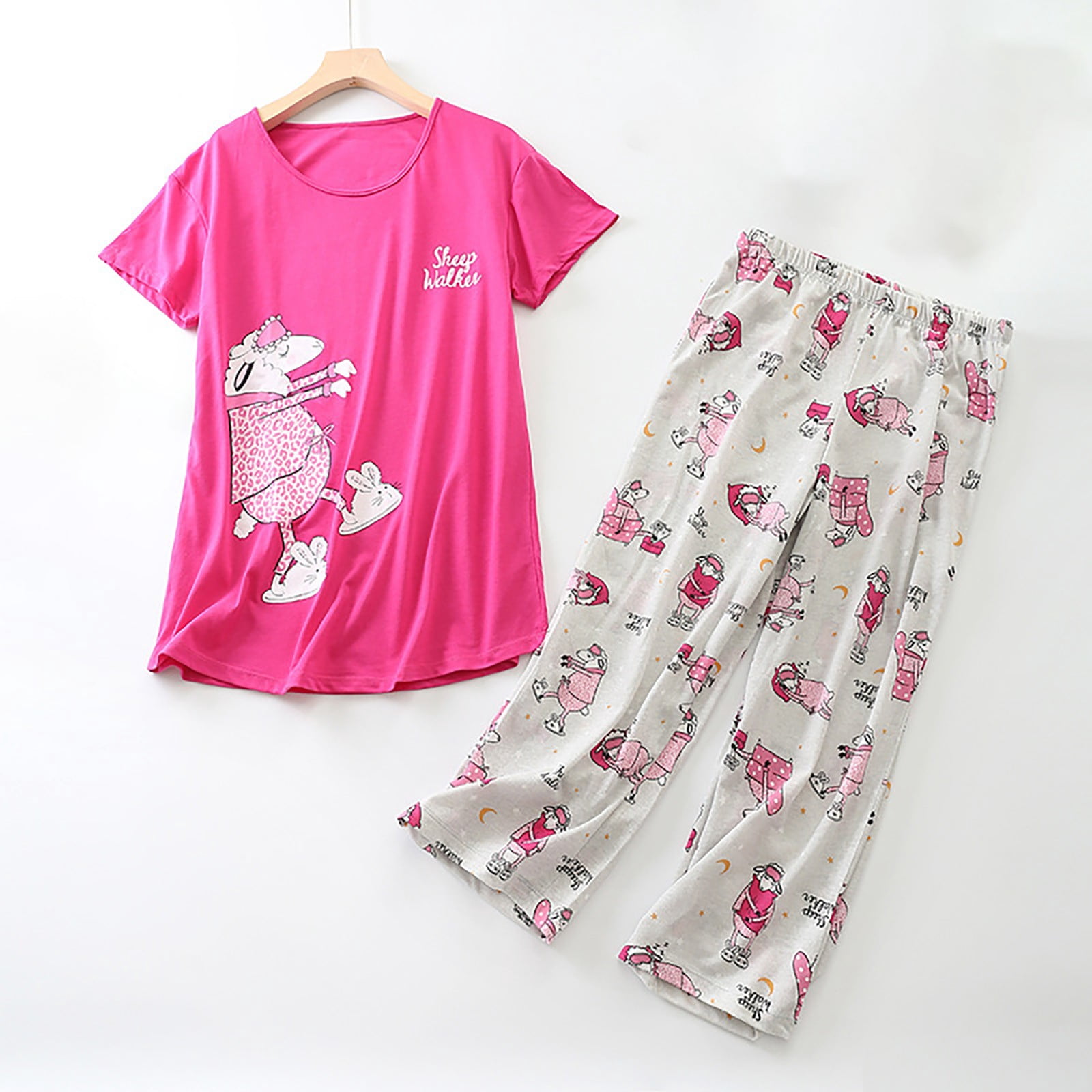 WCJM Pink Women's Cotton Pajama Set Cute 2 Piece Set Comfy Summer V ...
