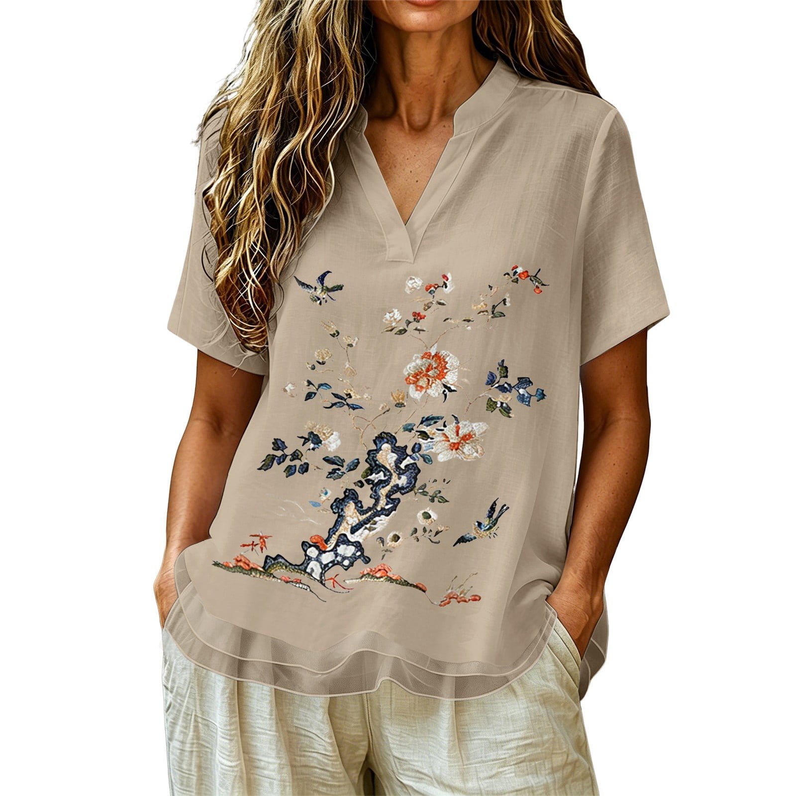 WCJM Womens Spring Summer Tunic Tops V Neck Short Sleeve Button Front ...