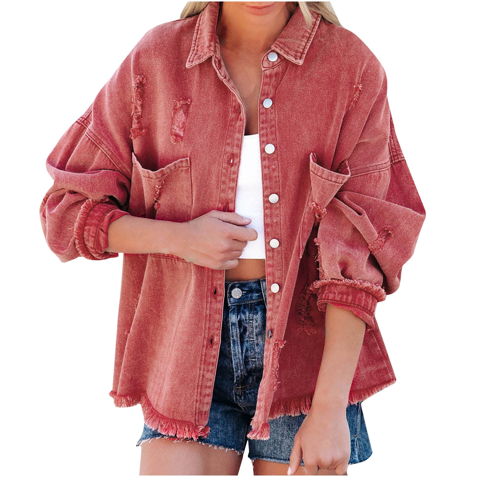WCMZJ WCMZJ Ripped Fringe Jean Jacket Women Distressed Washed Button ...