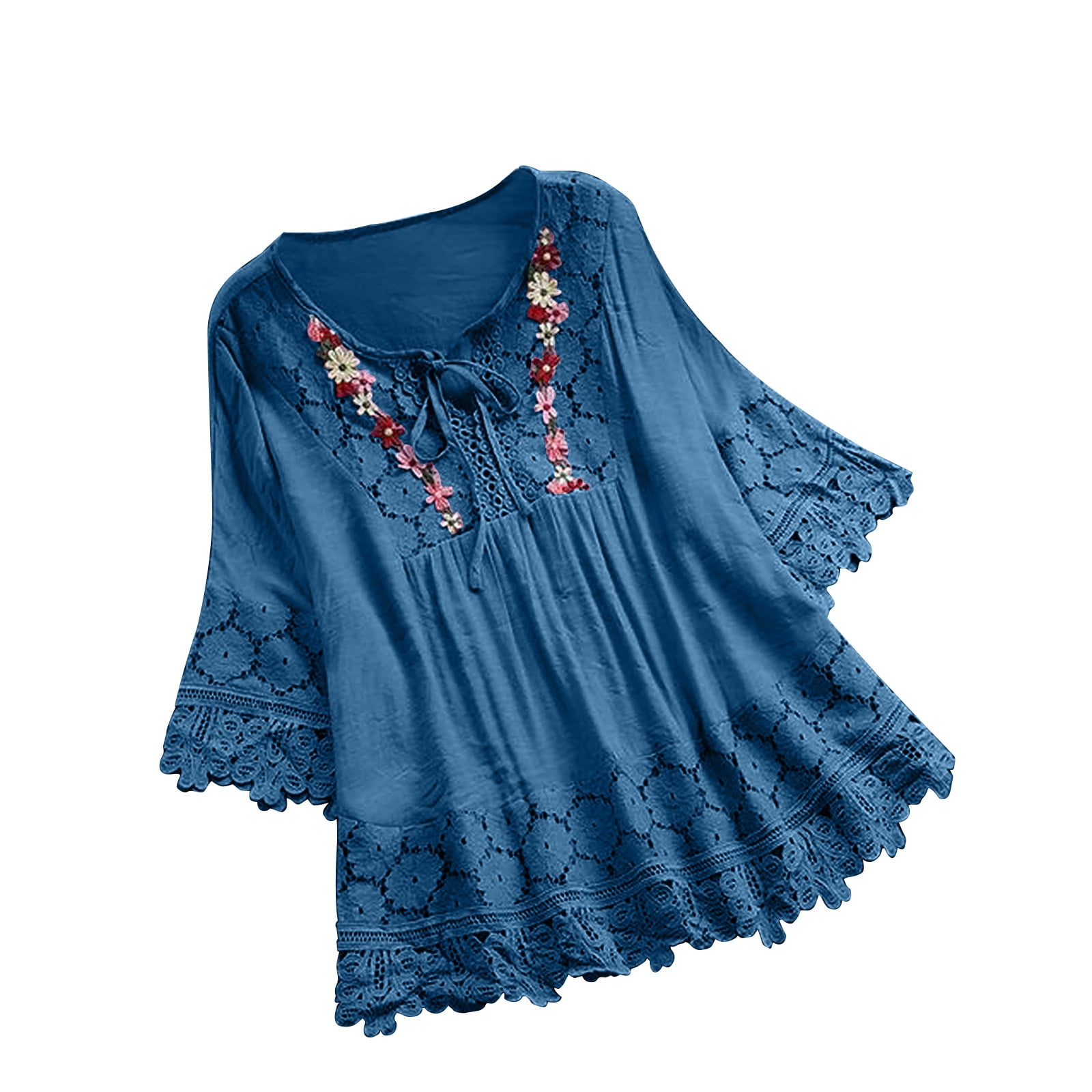 WCMZJ Women Cotton Linen Embroidered Tops Loose Fit Tunic 3/4 Sleeve ...