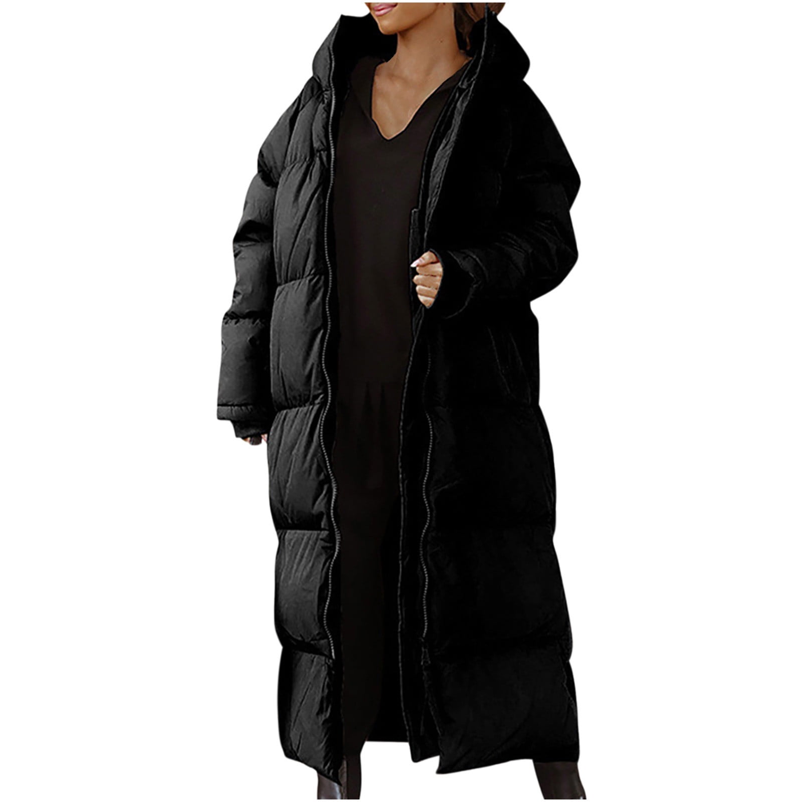 WCMZJ Women Long Quilted Coat Hooded Maxi Length Long Sleeve Puffer ...