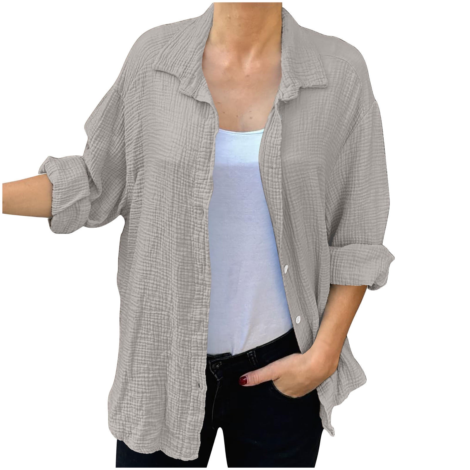 WCMZJ Women Oversized Button Down Shirts V Neck Collar Blouse Long Roll ...