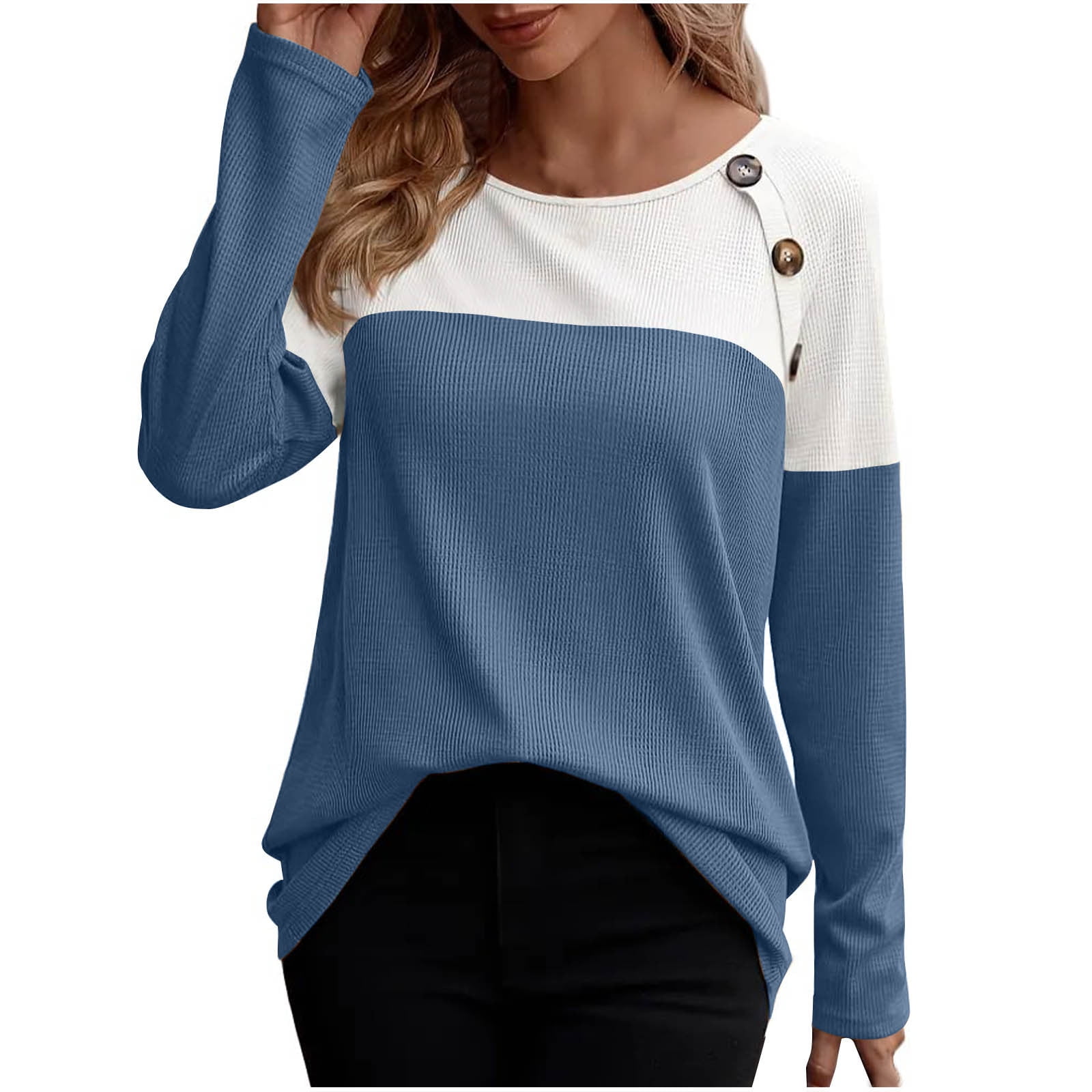 WCMZJ Women Waffle Knit Shirts Long Sleeve Colorblock Tee Button Detail ...