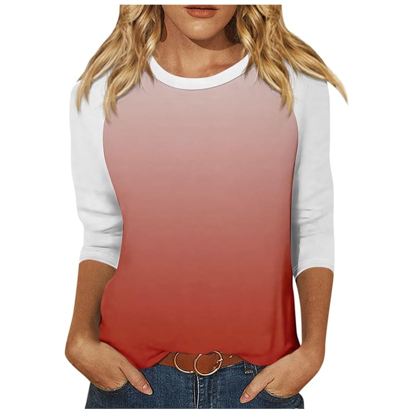 WCMZJ Women's 3/4 Sleeve Shirts Crew Neck Loose Tops Casual Gradients ...