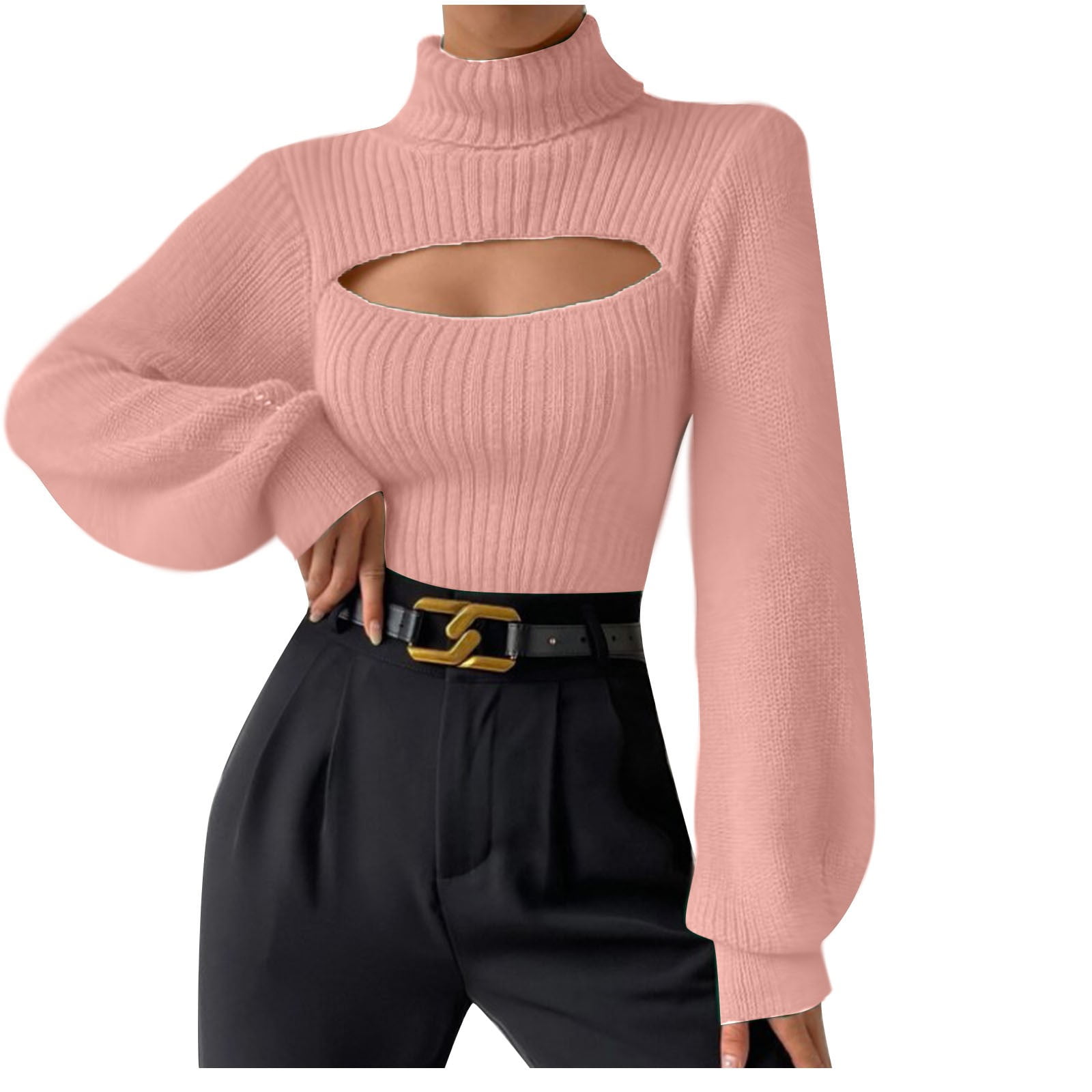 WCMZJ Women's Cut Out Turtleneck Sweater Slim Fit Eyelet Detail Rib ...