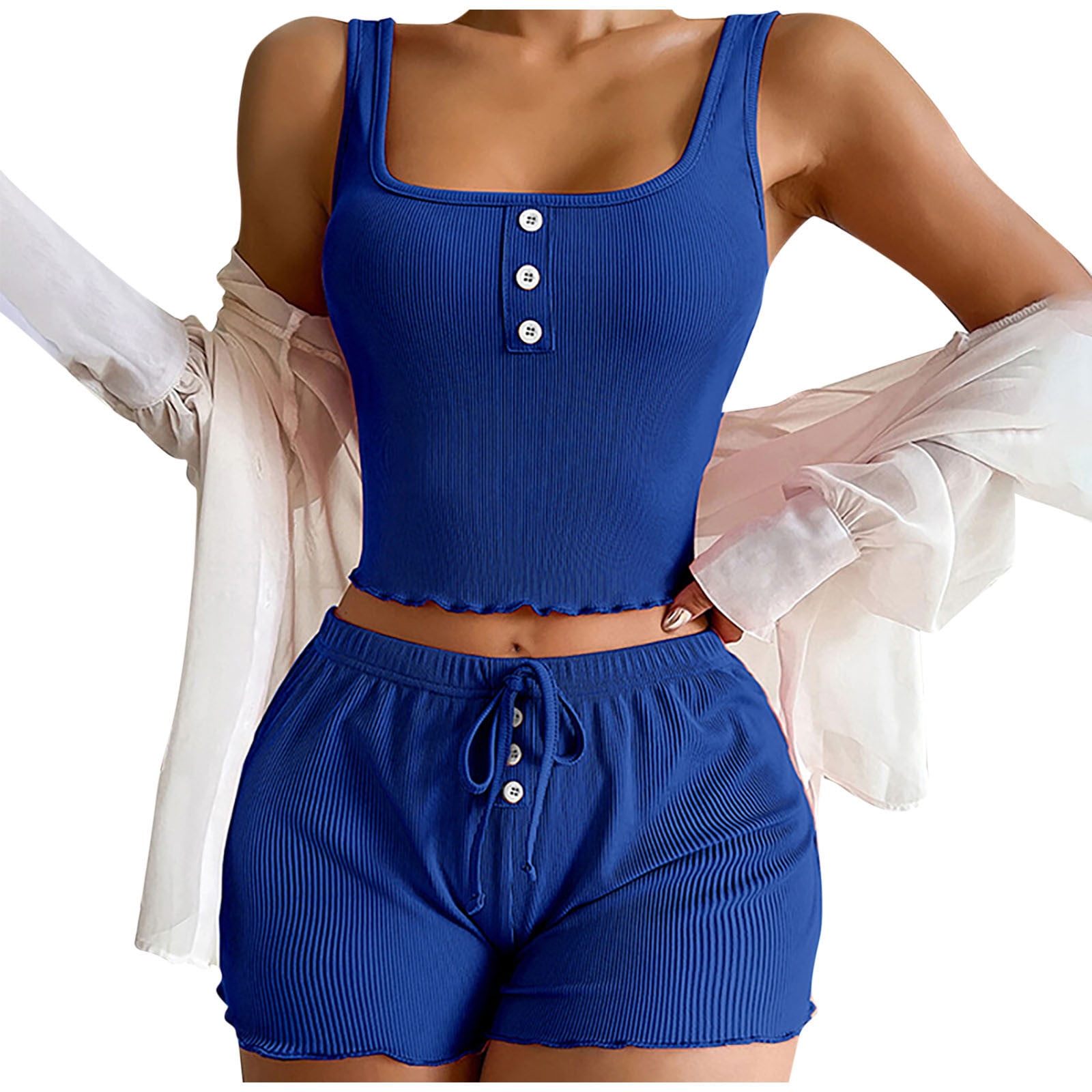 WCMZJ Women's Pajamas Sleeveless Square Neck Pjs Set Ribbed Knit Tank ...