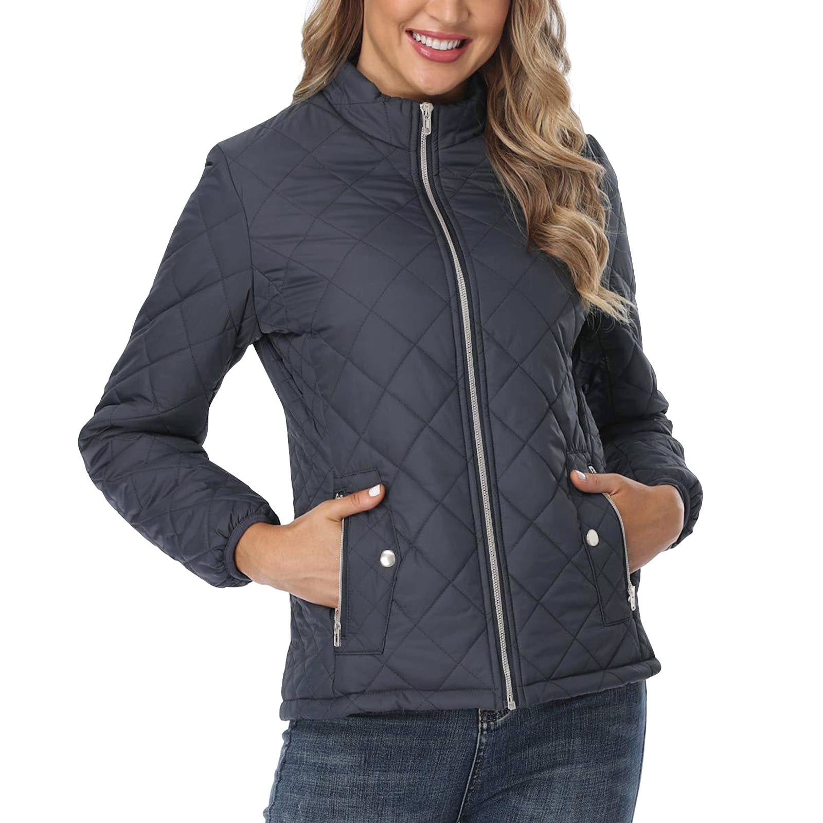 Wcmzj Womens Quilted Jacket Coat Outwear Puffer Zip Up Stand Collar