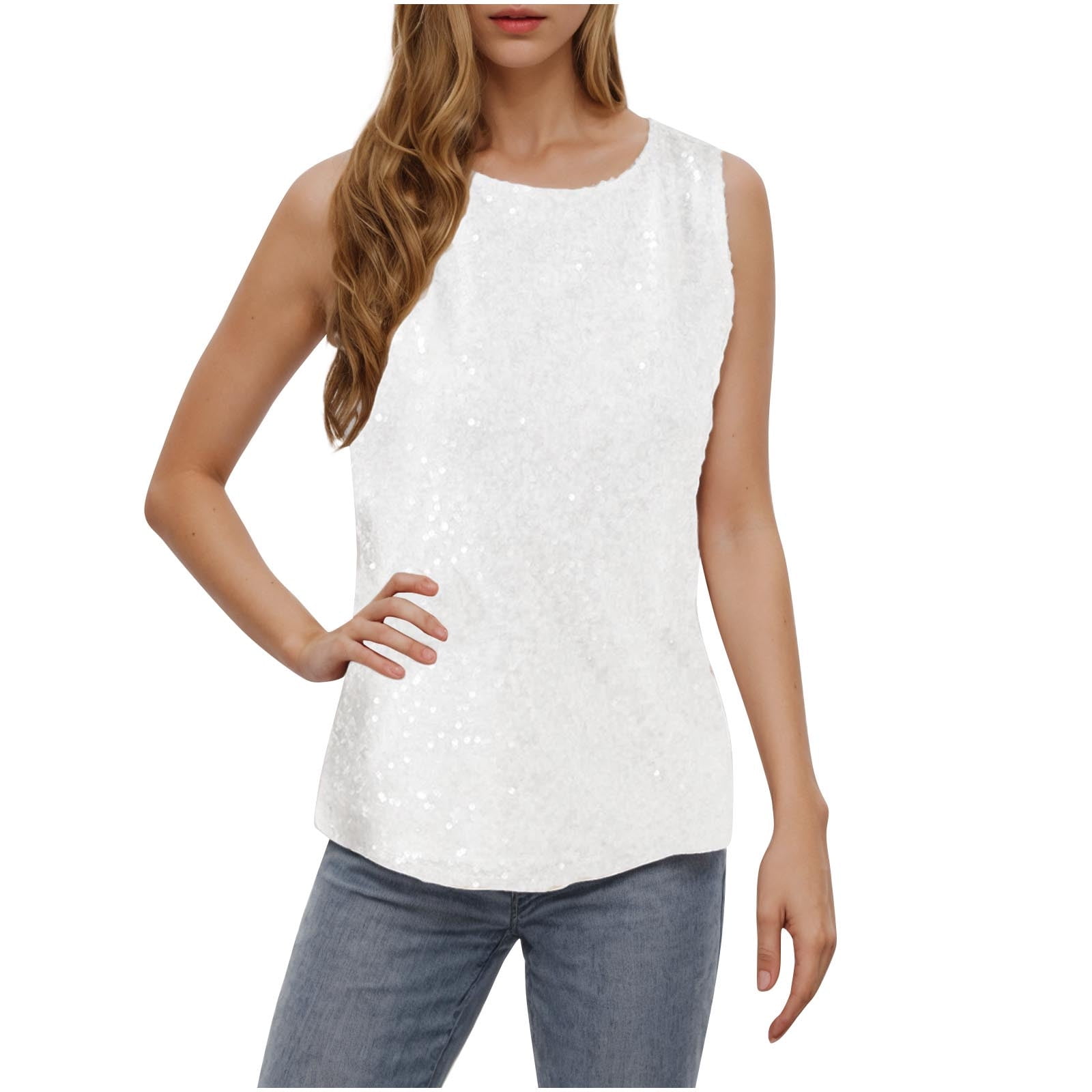 WCMZJ Women's Sequin Tops Round Neck Sleeveless Sparkle Sequin Tank Top ...