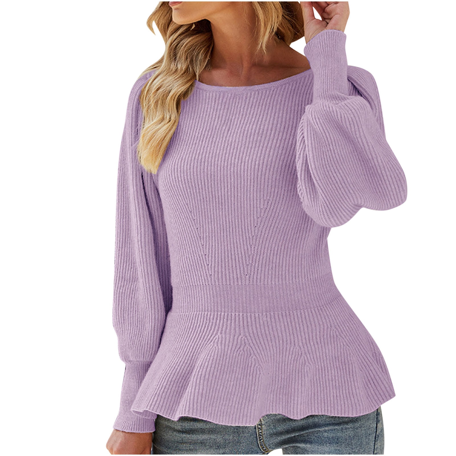 WCMZJ Womens 2024 Fall Puff Sleeve Peplum Casual Slim Fit Knit Pullover ...