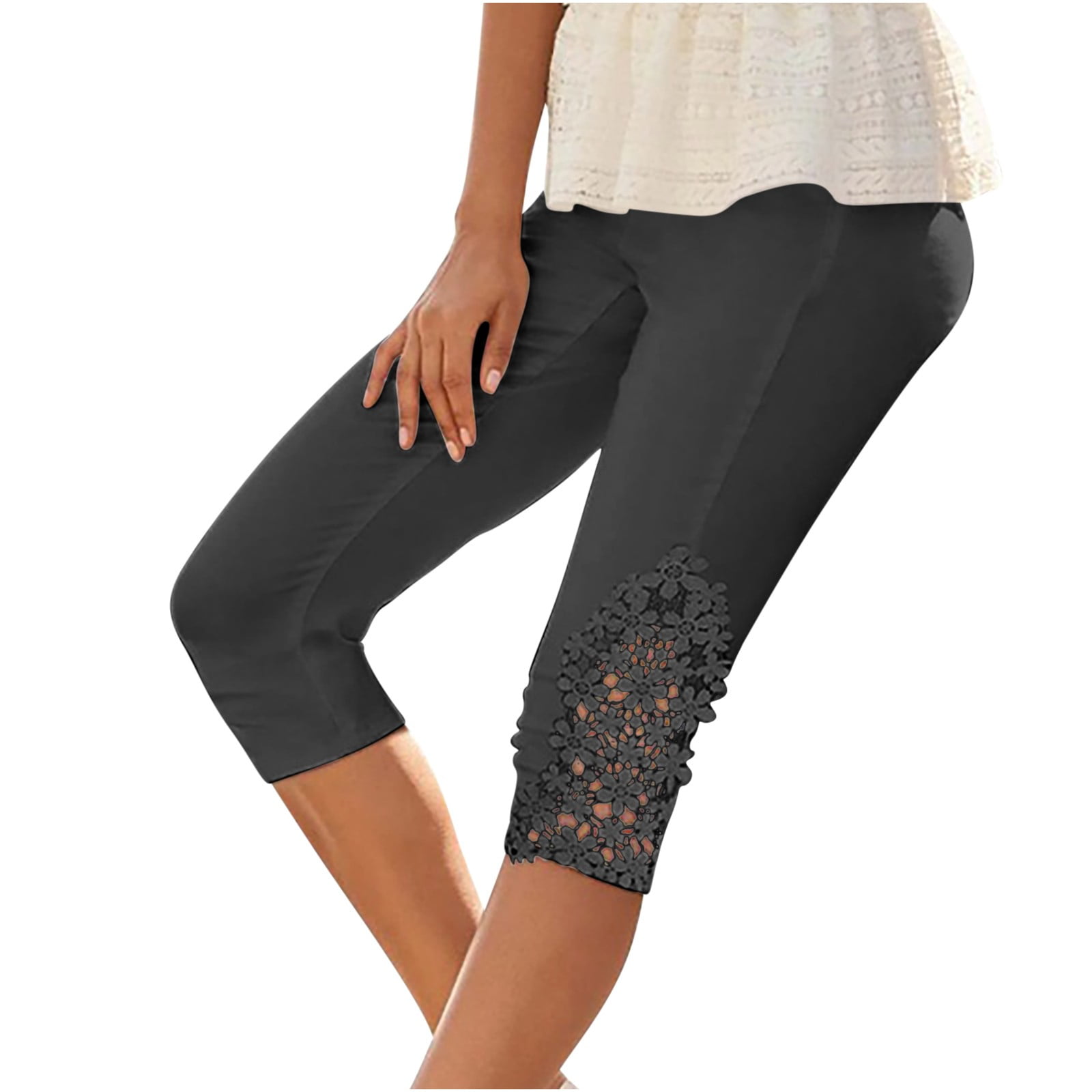 WCMZJ Womens Capri Leggings Floral Lace Trim Stitching Elastic High ...
