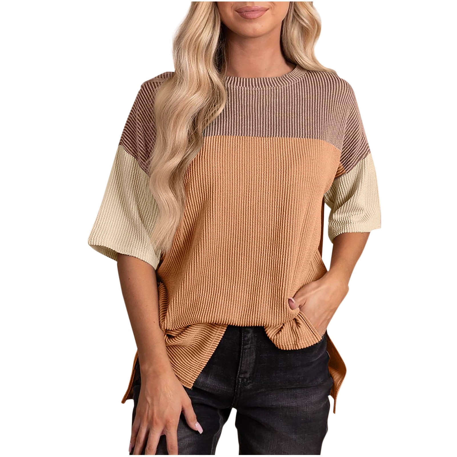 WCMZJ Womens Fashion 2025 Color Block Shirts Short Sleeve Crewneck ...