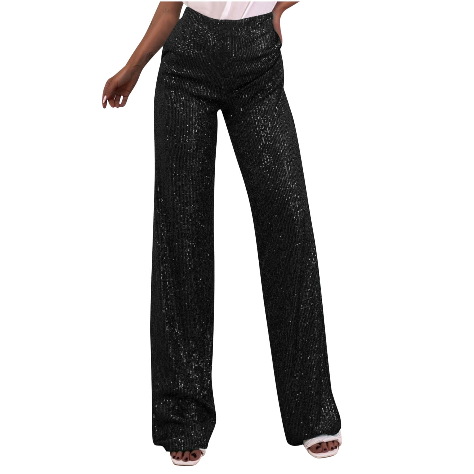 Wcmzj Womens Sequin Pants High Waisted Sparkle Bell Bottoms Trousers
