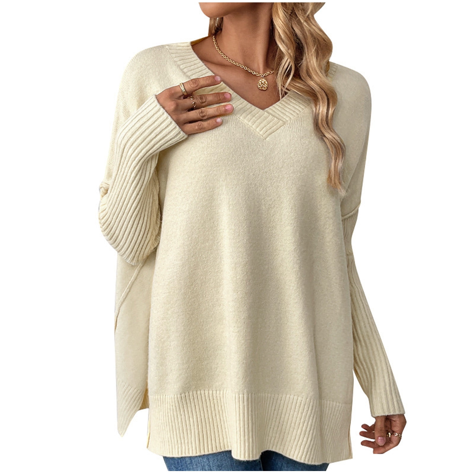 WCMZJ Womens V Neck Oversized Sweaters Split Hem Pullover Sweaters Long ...