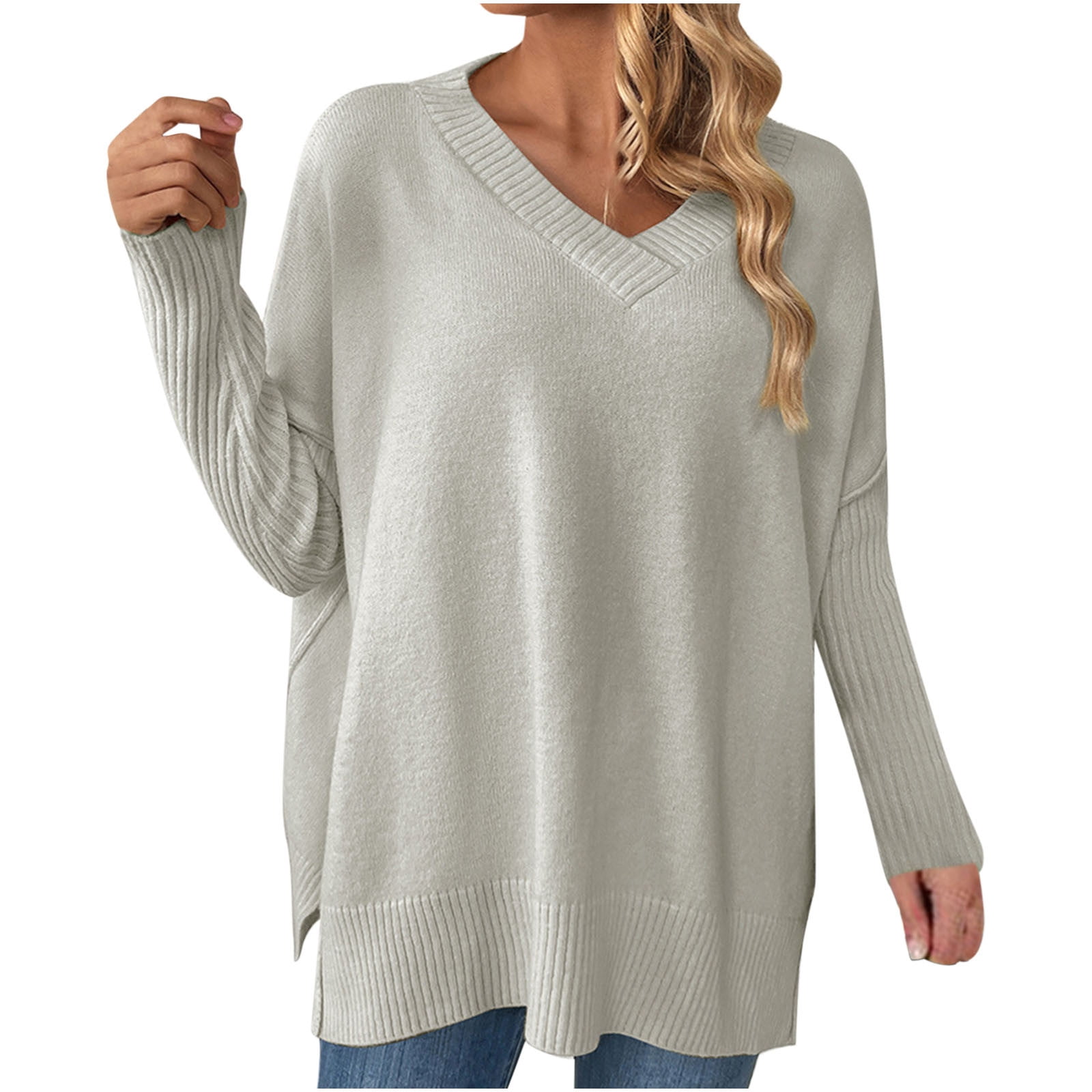 WCMZJ Womens V Neck Oversized Sweaters Split Hem Pullover Sweaters Long ...