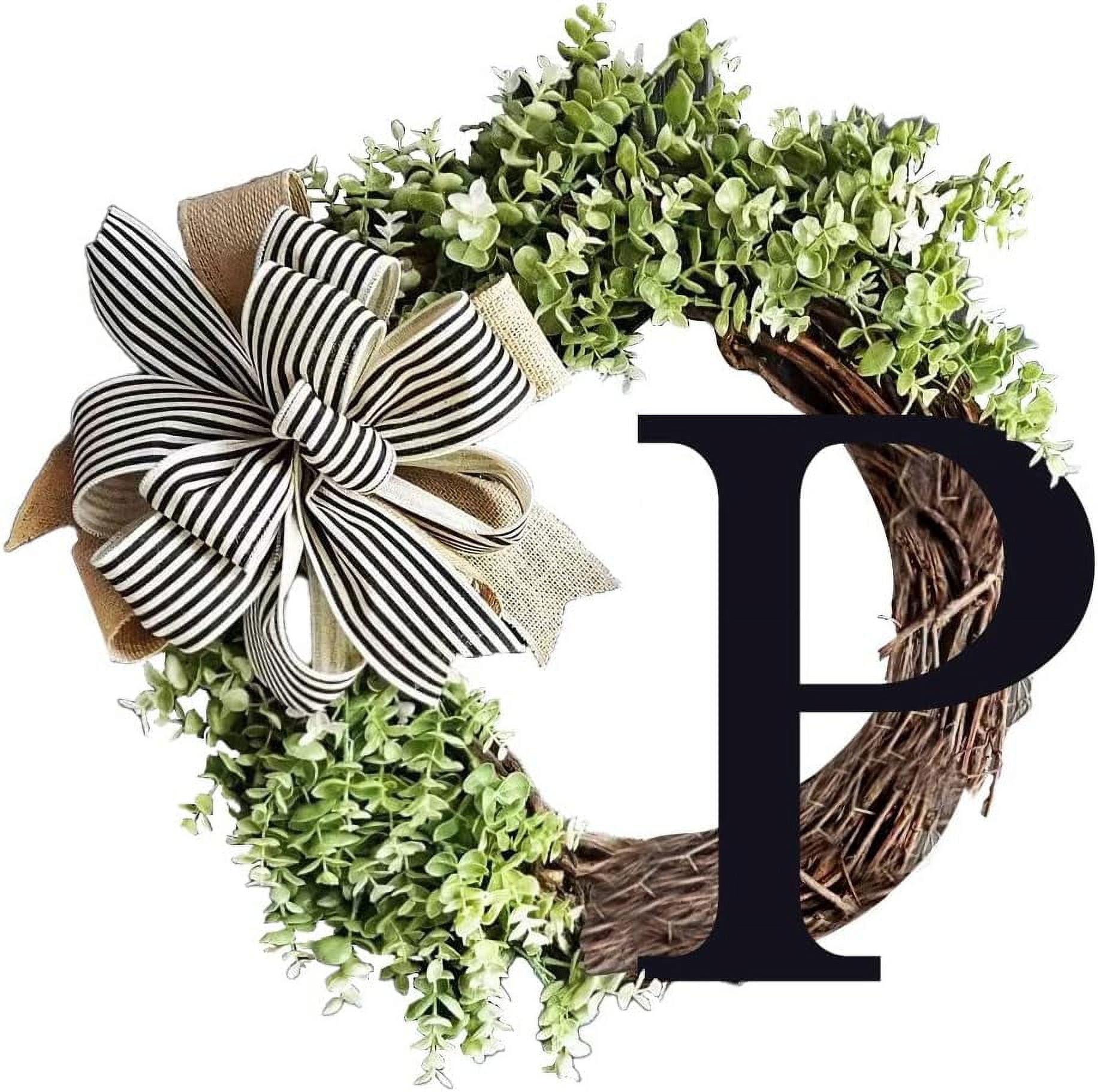 WCX Monogram Initial Letter Wreaths for Front Door with Striped Linen ...
