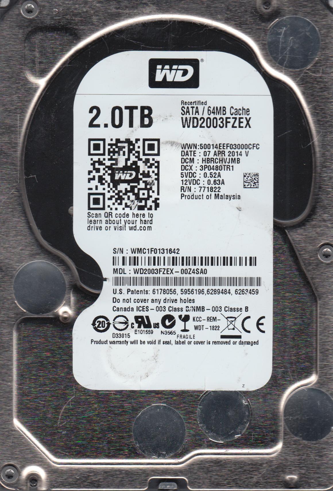 WD2003FZEX-00Z4SA0, DCM HBRCHVJMB, Western Digital 2TB SATA 3.5 Hard ...